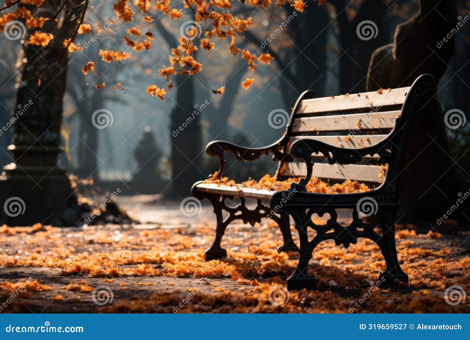 Empty Park Bench in Autumn stock image. Image of peaceful - 319659527