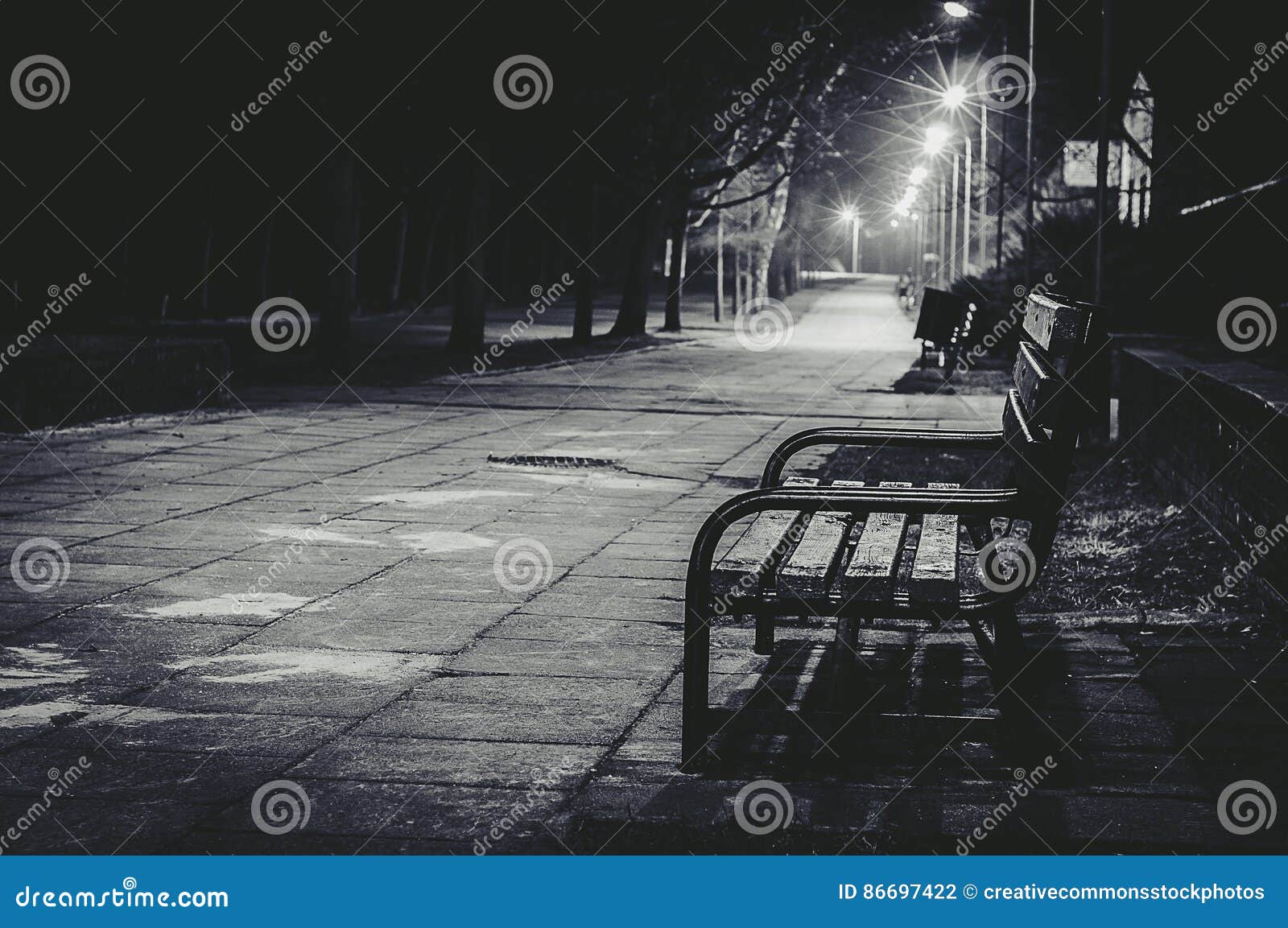 Empty Park Bench At Night Picture. Image: 86697422