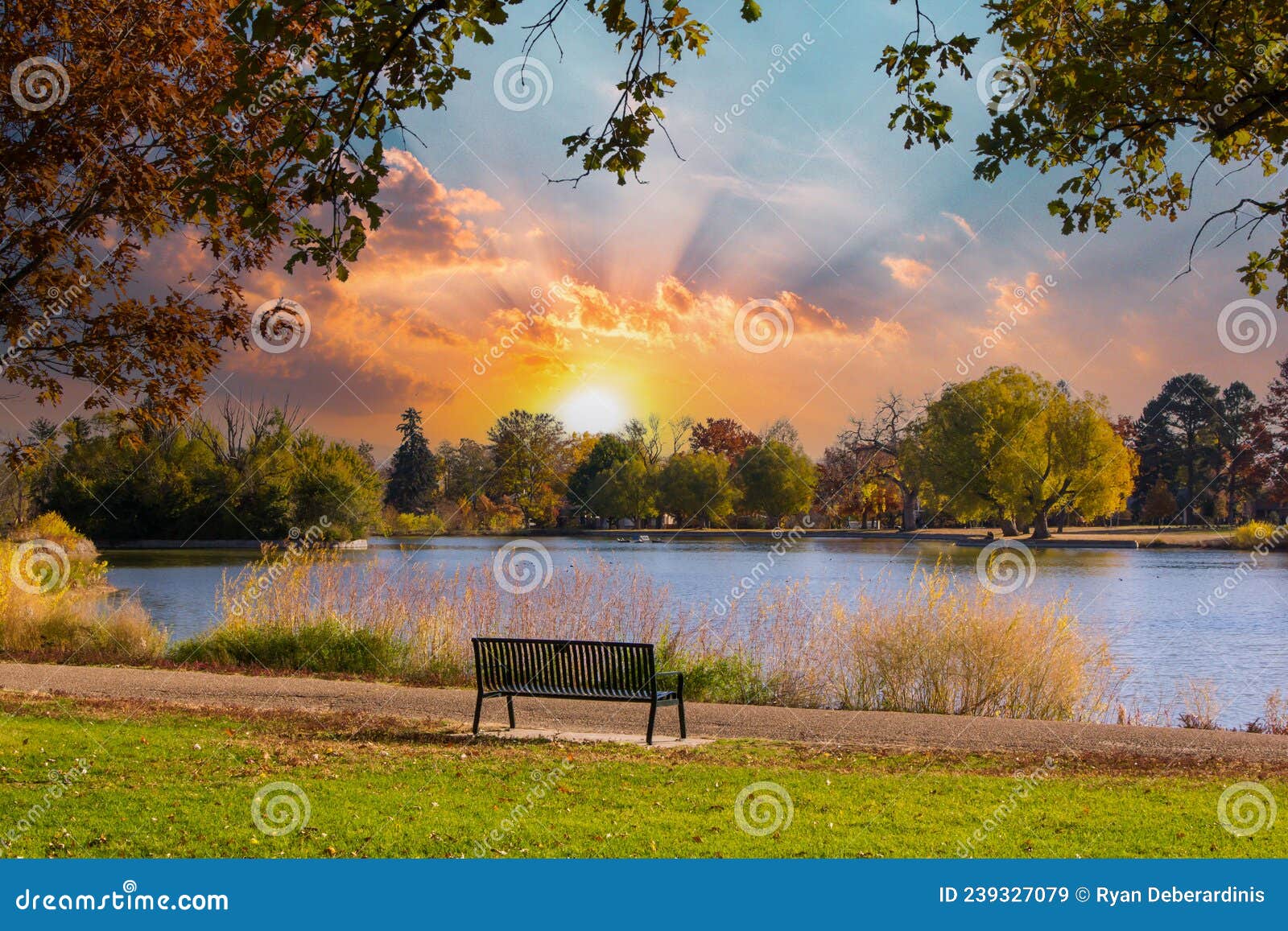 Empty Park Bench Sits by the Water with the Light of Sunset in the ...