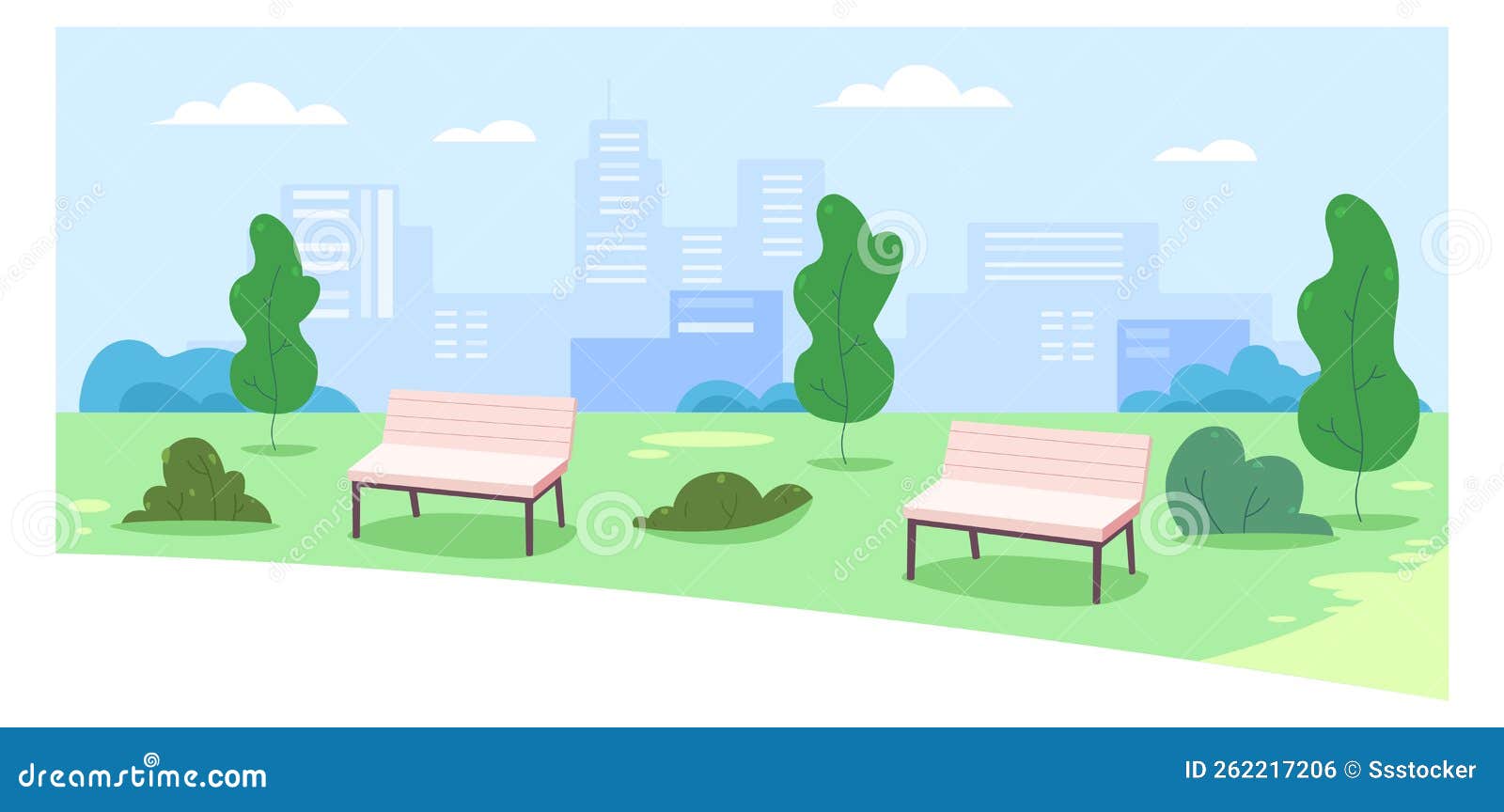 Empty Park Scene. Urban Landscape with Green Trees and Benches Stock ...