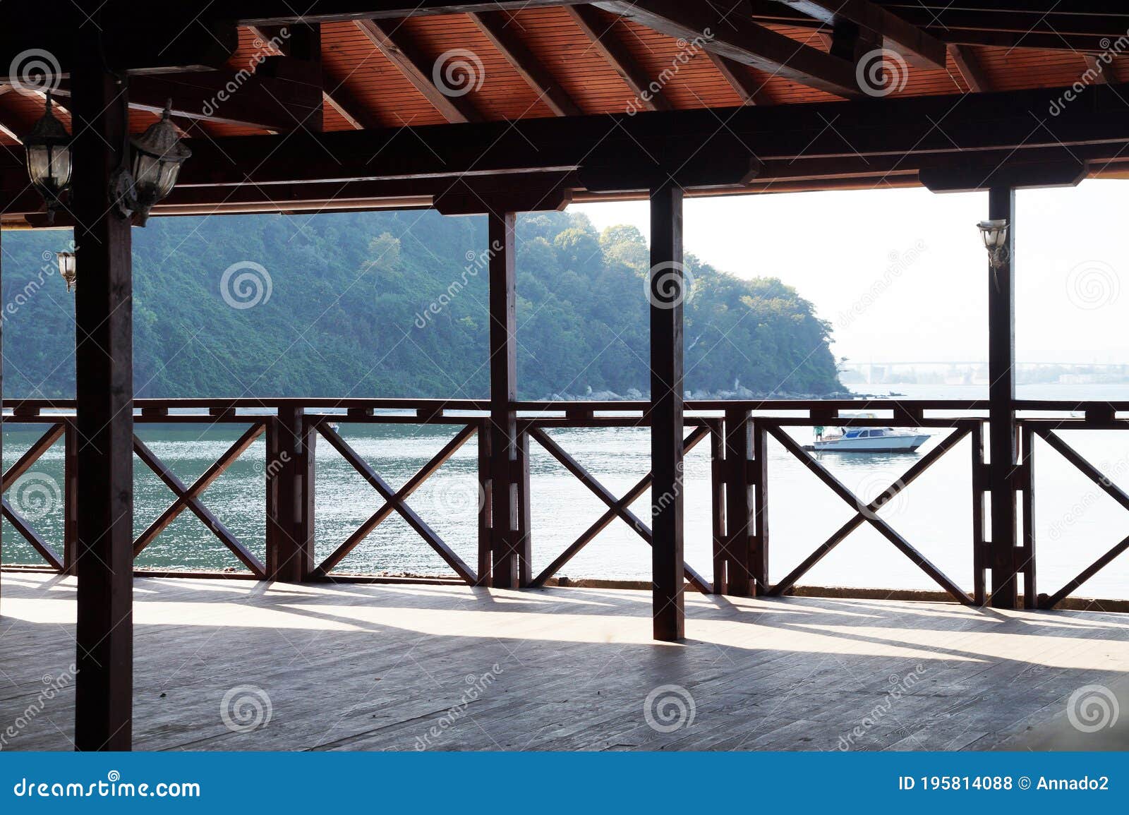 Empty Patio with Wooden Railing on Sea Background Stock Photo - Image ...