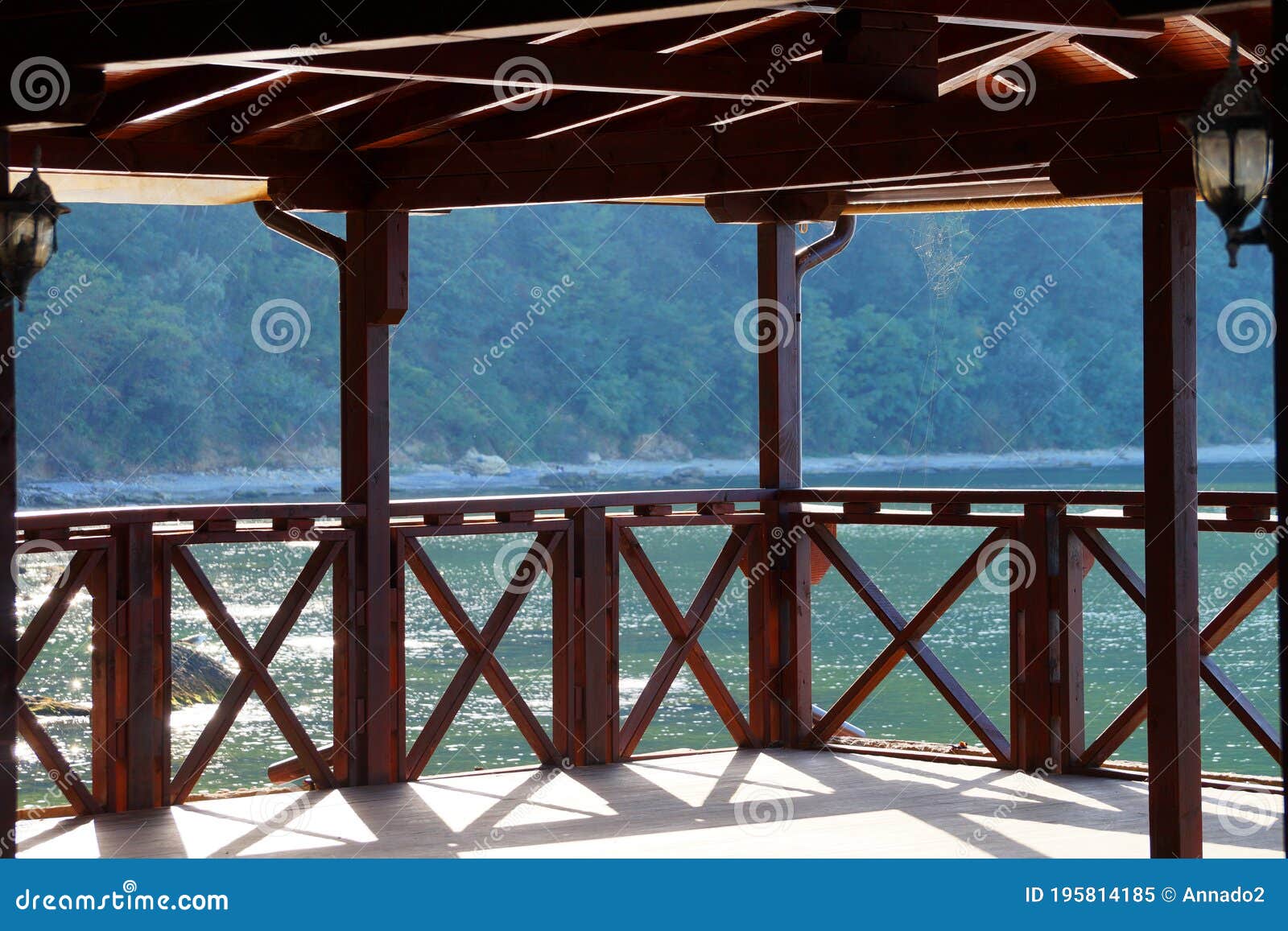 Empty Patio With Wooden Railing On Sea Background Stock Photography ...