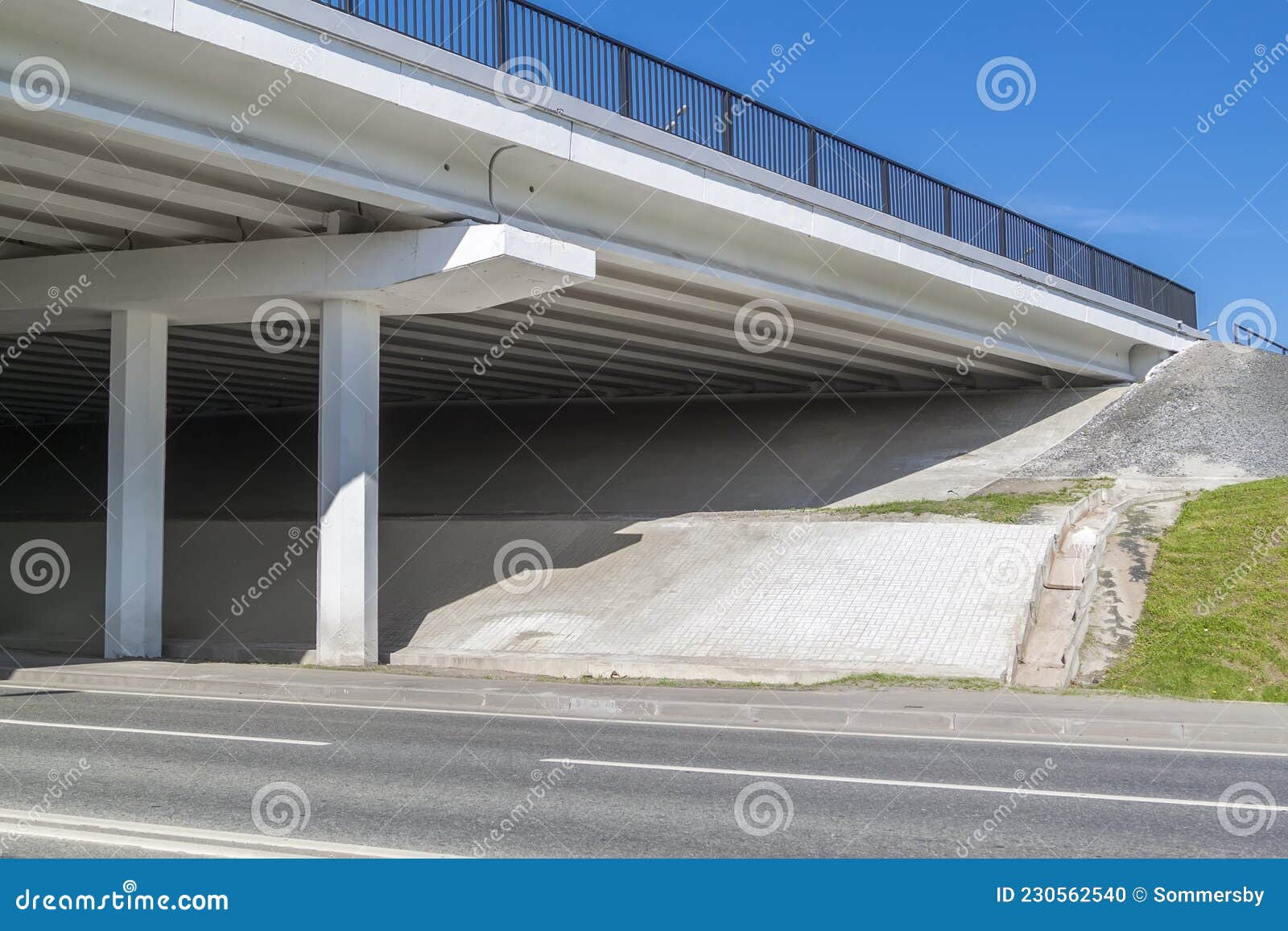 Empty Paved Road and Overpass with Green Grass on Slope Stock Photo ...