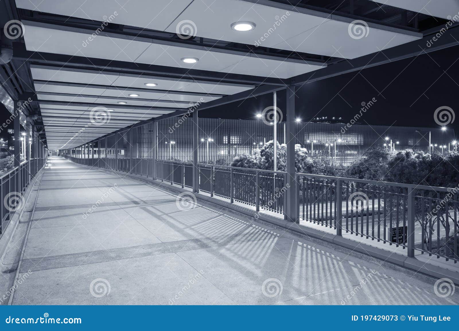 Modern Pedestrian Walkway at Night Stock Image - Image of pathway, long ...