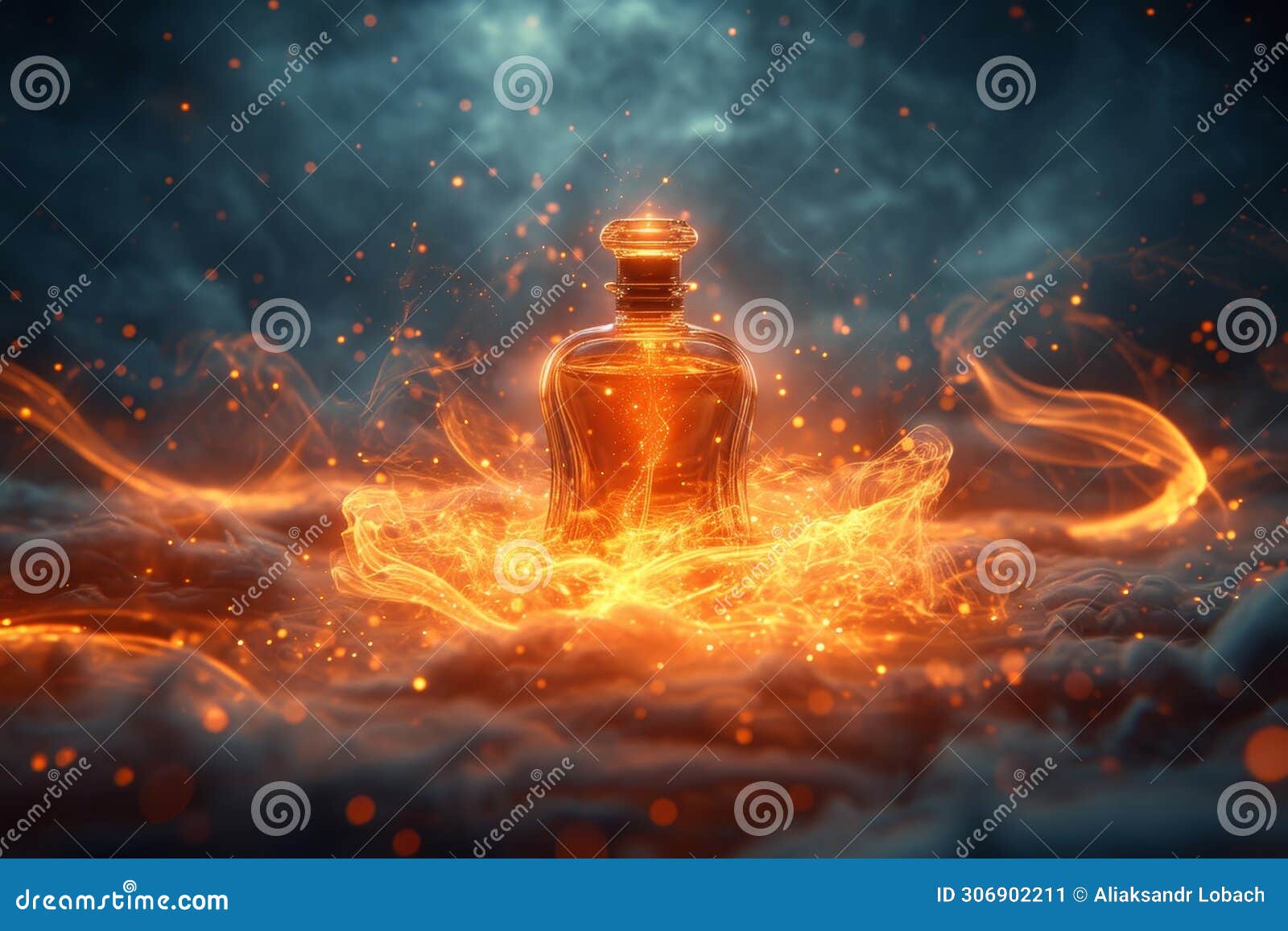 An Empty Perfume Bottle Against a Background of Fire and Smoke. 3d ...