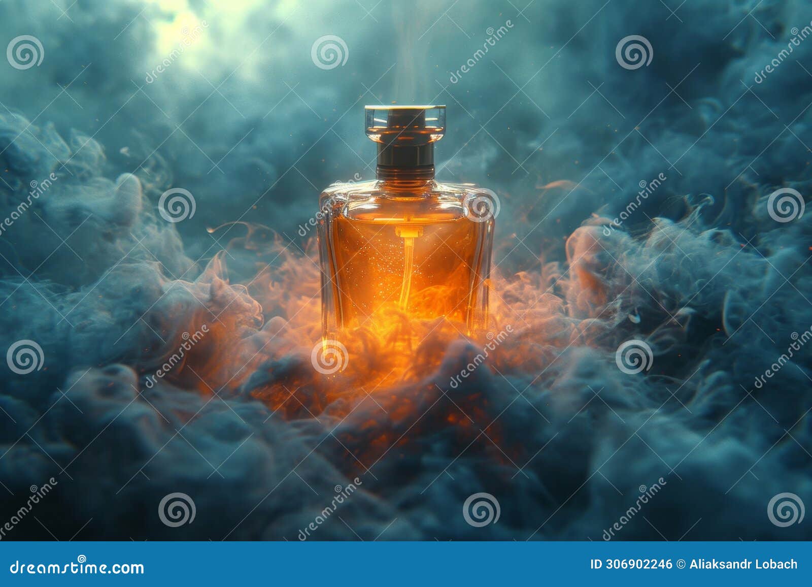 An Empty Perfume Bottle Against a Background of Fire and Smoke. 3d ...