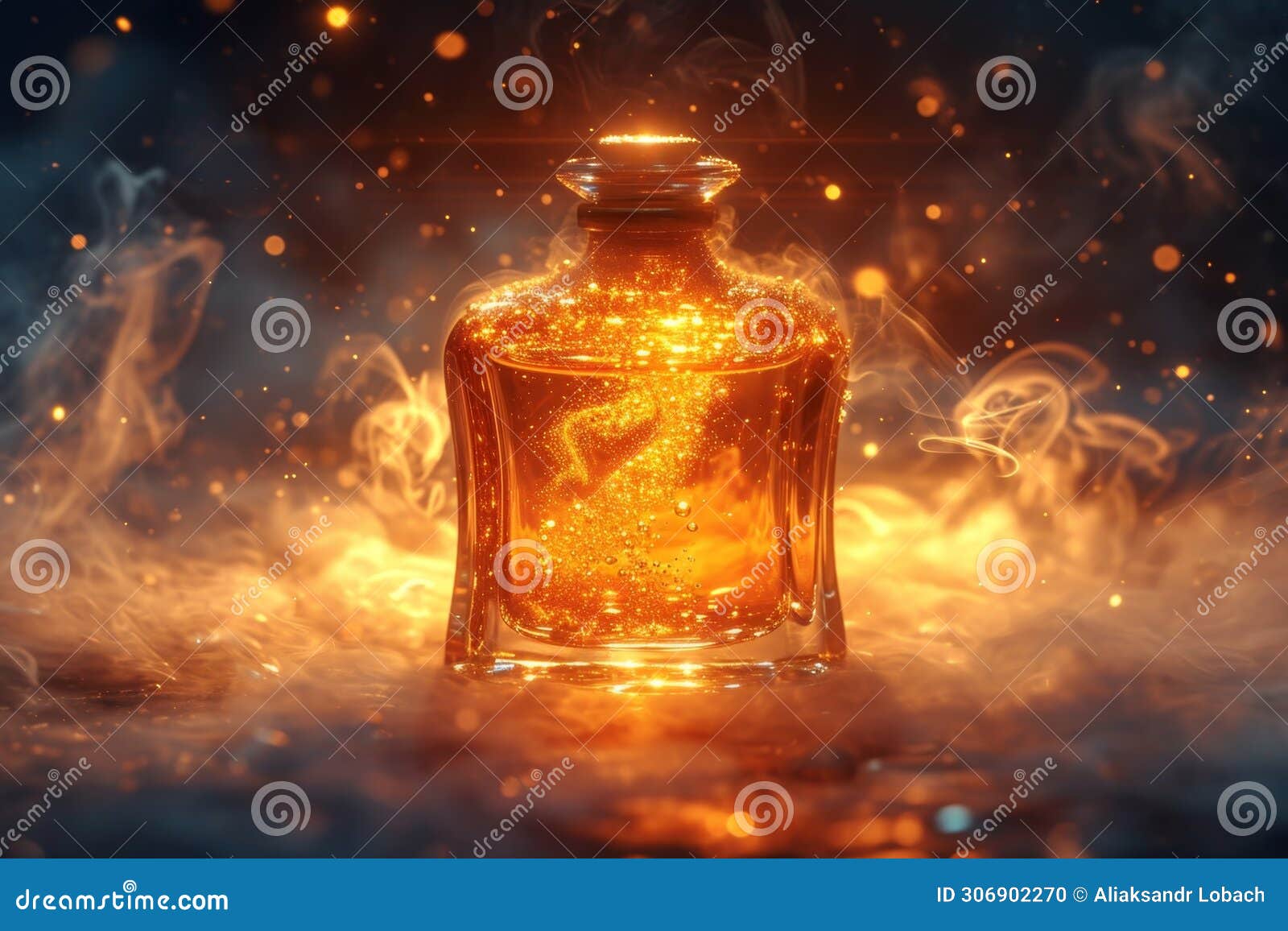 An Empty Perfume Bottle Against a Background of Fire and Smoke. 3d ...
