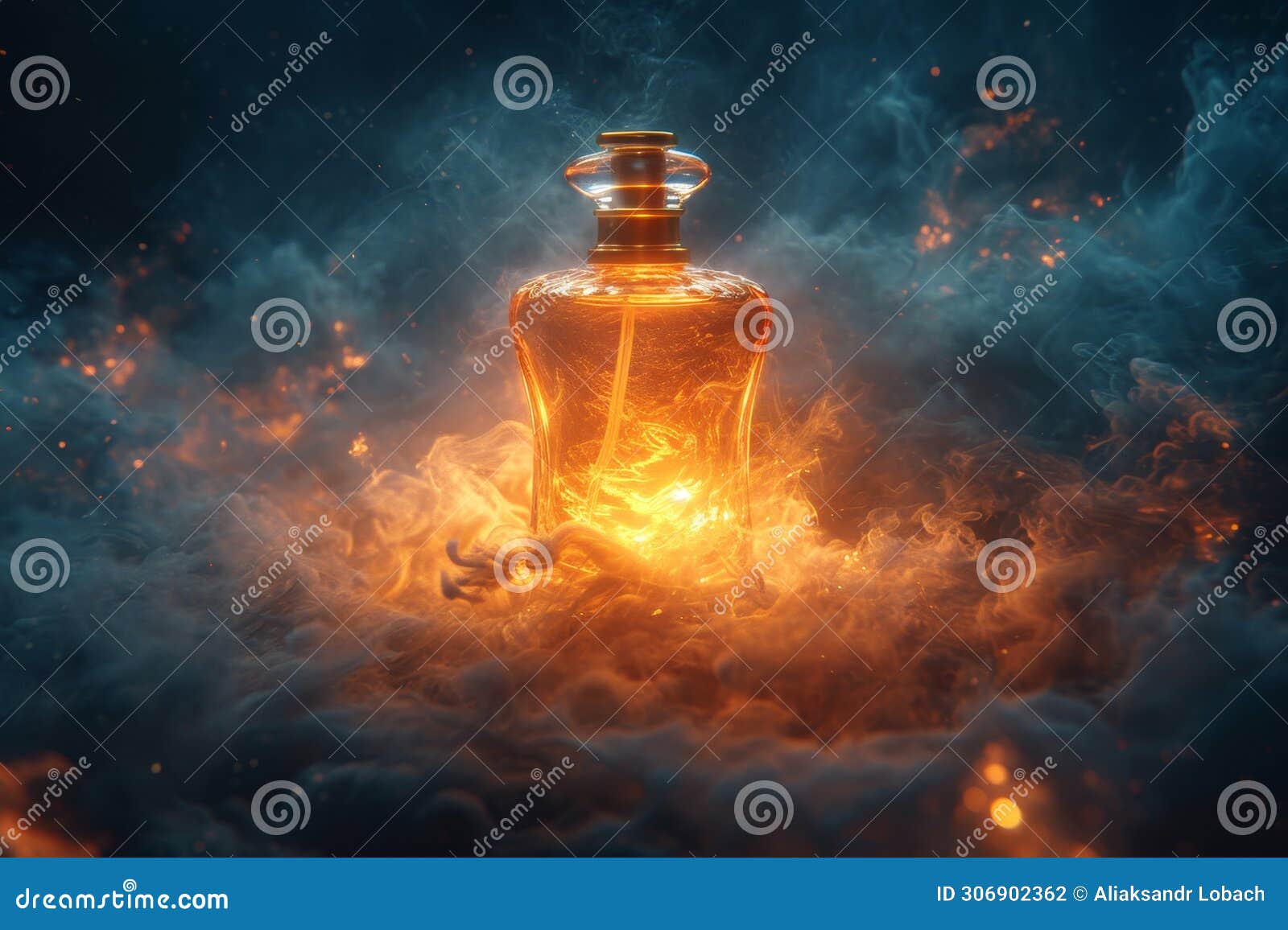 An Empty Perfume Bottle Against a Background of Fire and Smoke. 3d ...