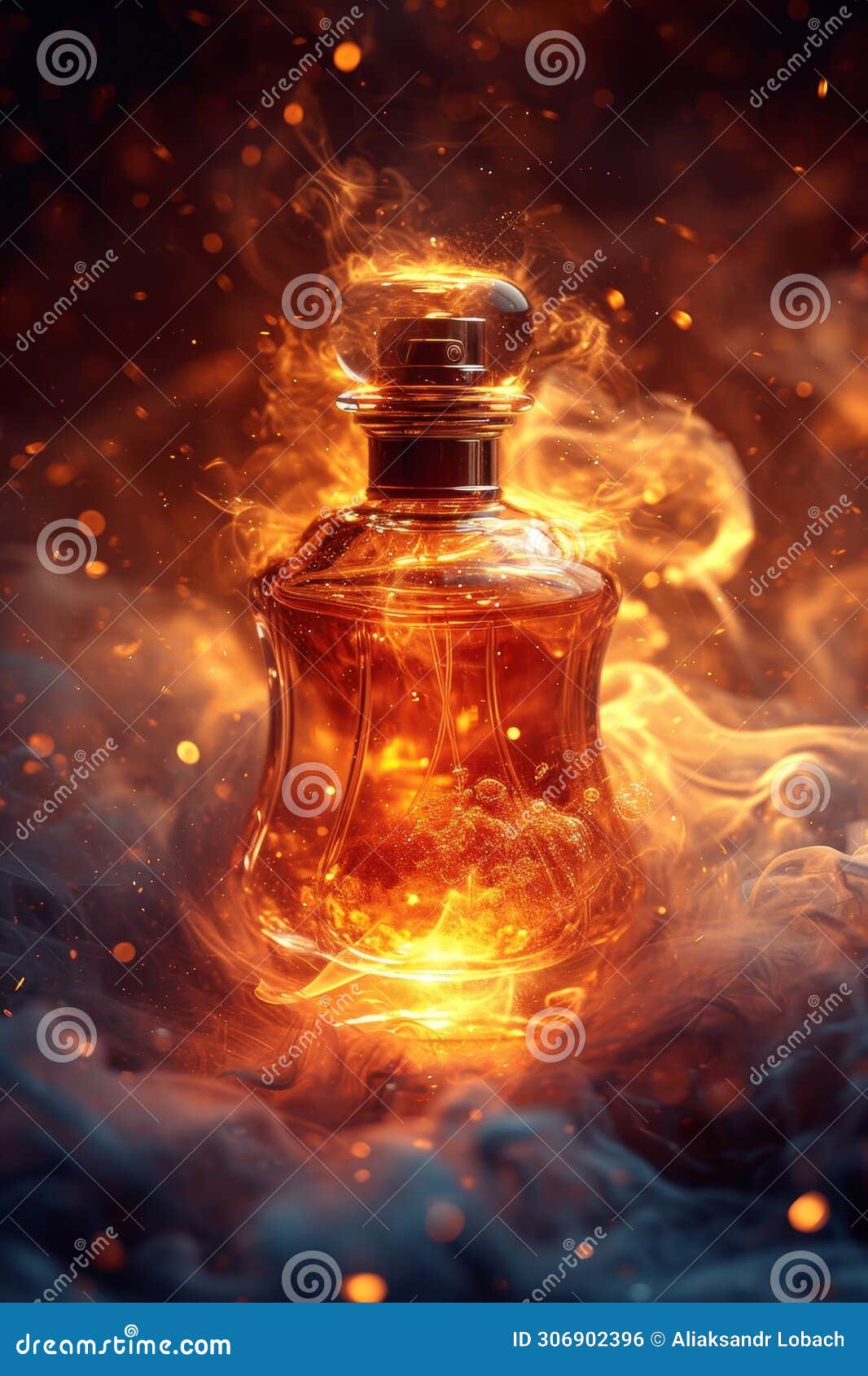 An Empty Perfume Bottle Against a Background of Fire and Smoke. 3d ...