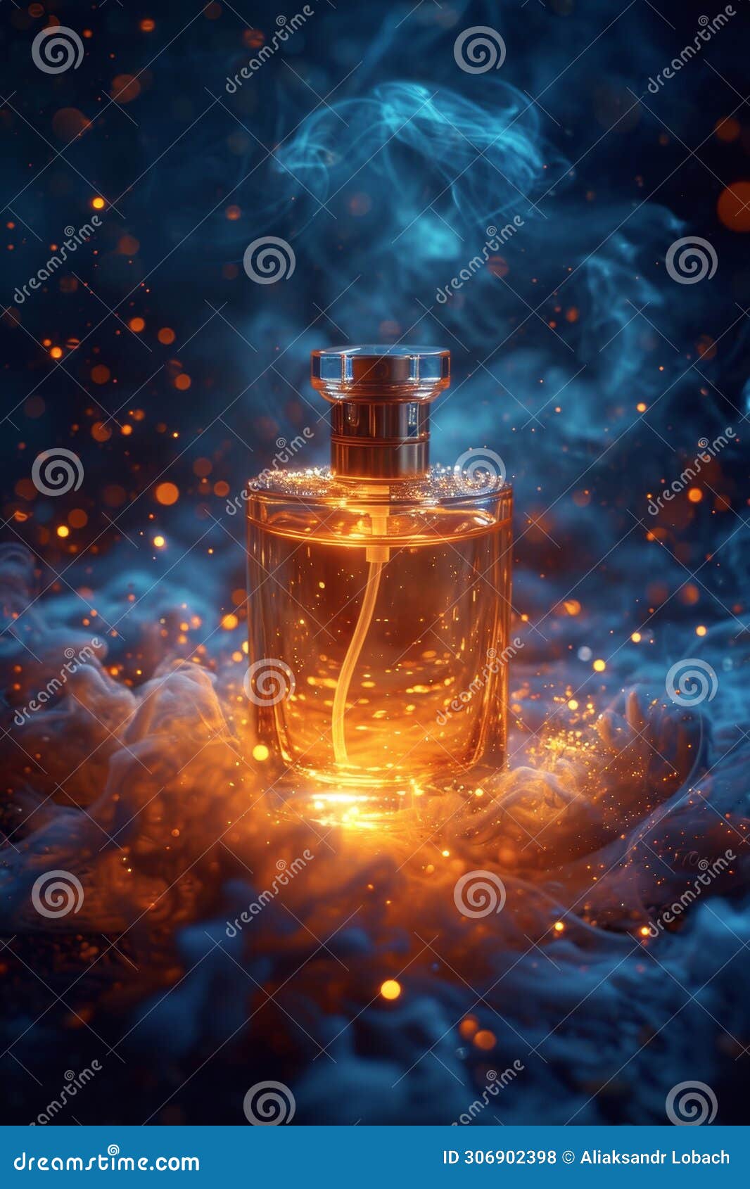 An Empty Perfume Bottle Against a Background of Fire and Smoke. 3d ...