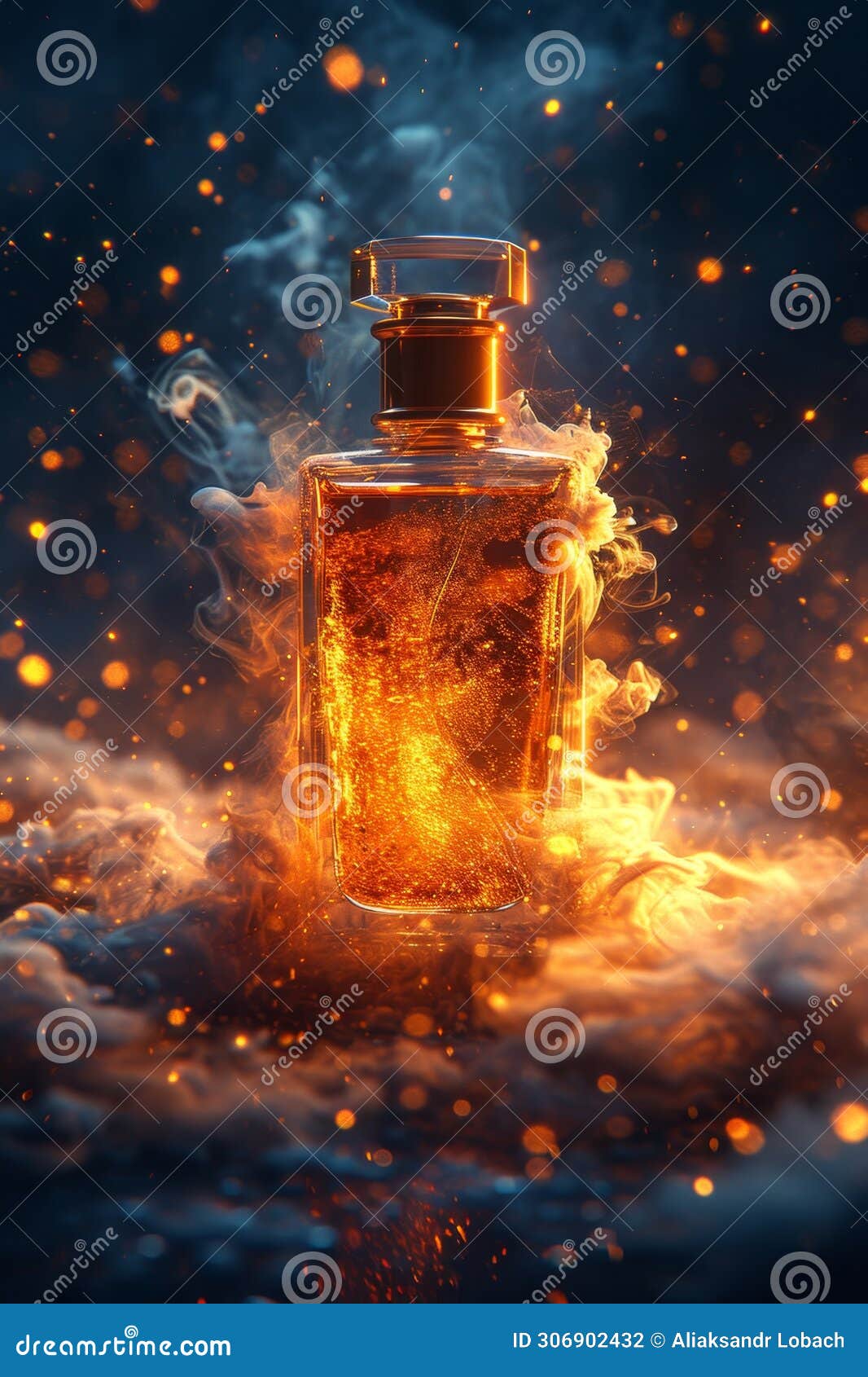 An Empty Perfume Bottle Against a Background of Fire and Smoke. 3d ...