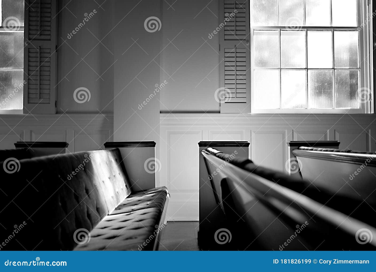 Empty Pew Bench Seating in Small Church Stock Image - Image of believe ...