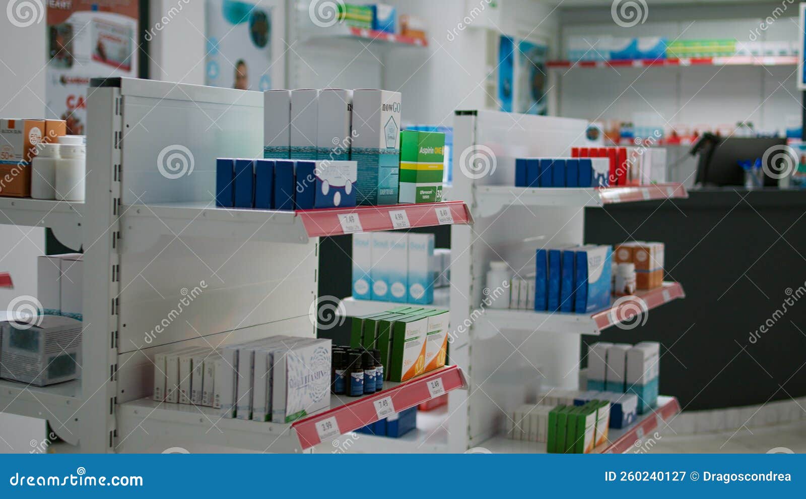 Empty Pharmacy Store Filled with Boxes of Medicaments and Supplements ...