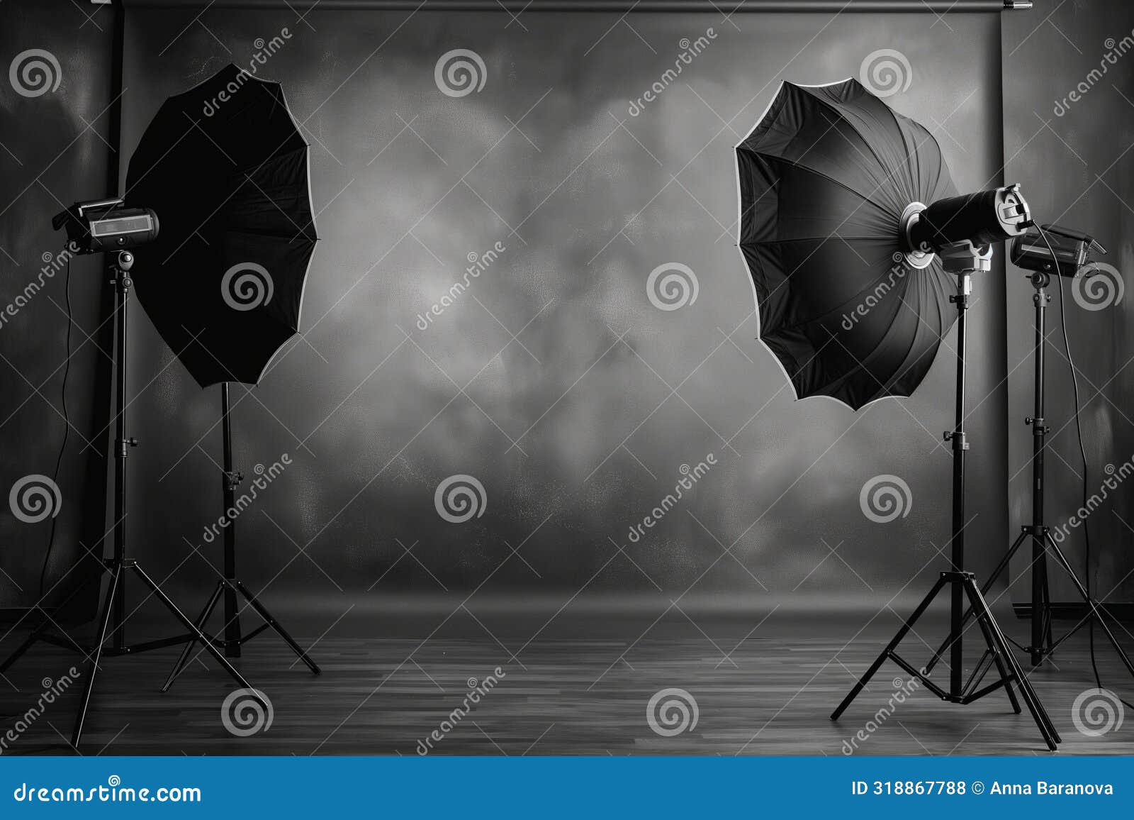 Empty Photo Studio with Black Background and Lighting Equipment Stock ...