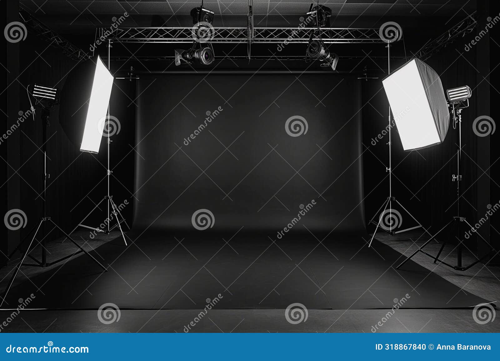 Empty Photo Studio with Black Background and Lighting Equipment Stock ...