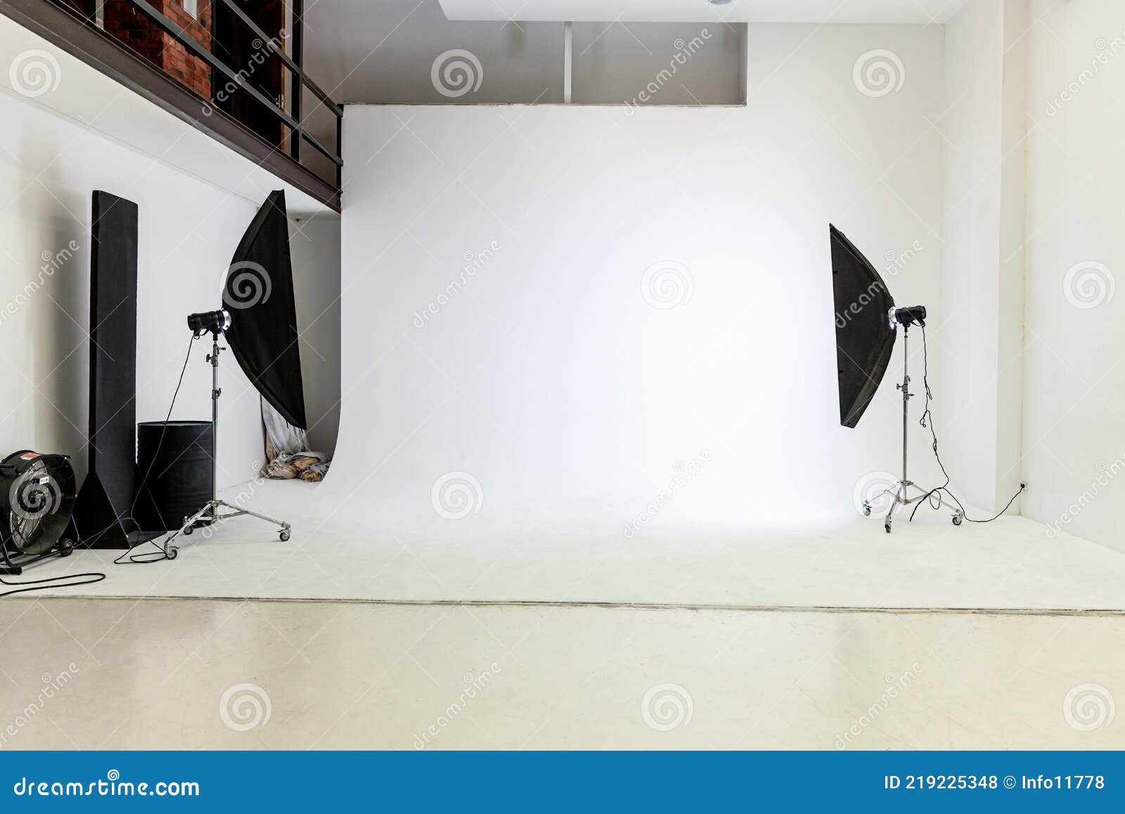 Empty Photo Studio with Lighting Equipment. Photographer Workplace ...