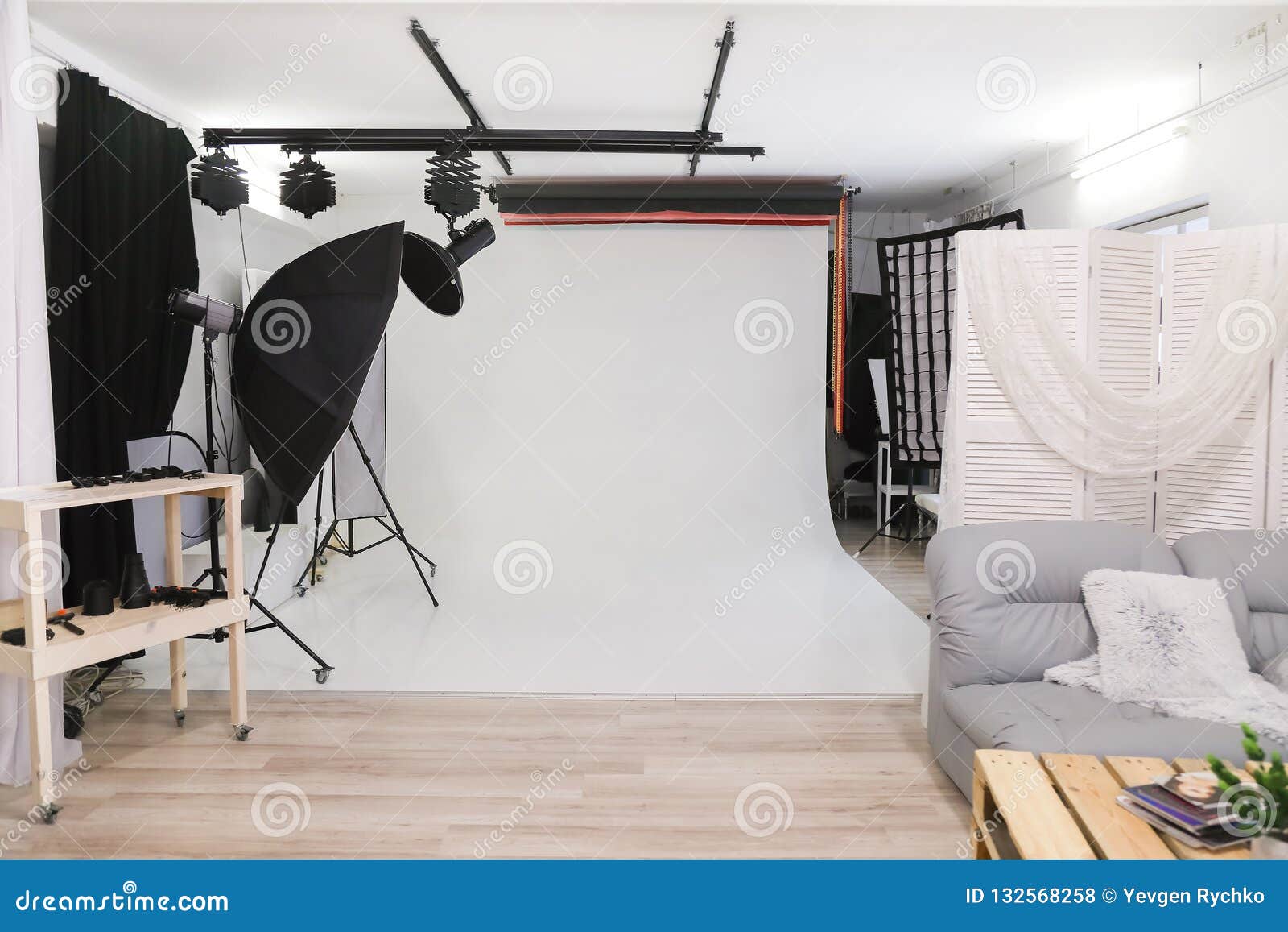 Empty Photo Studio with Professional Lighting Equipment Stock Photo ...