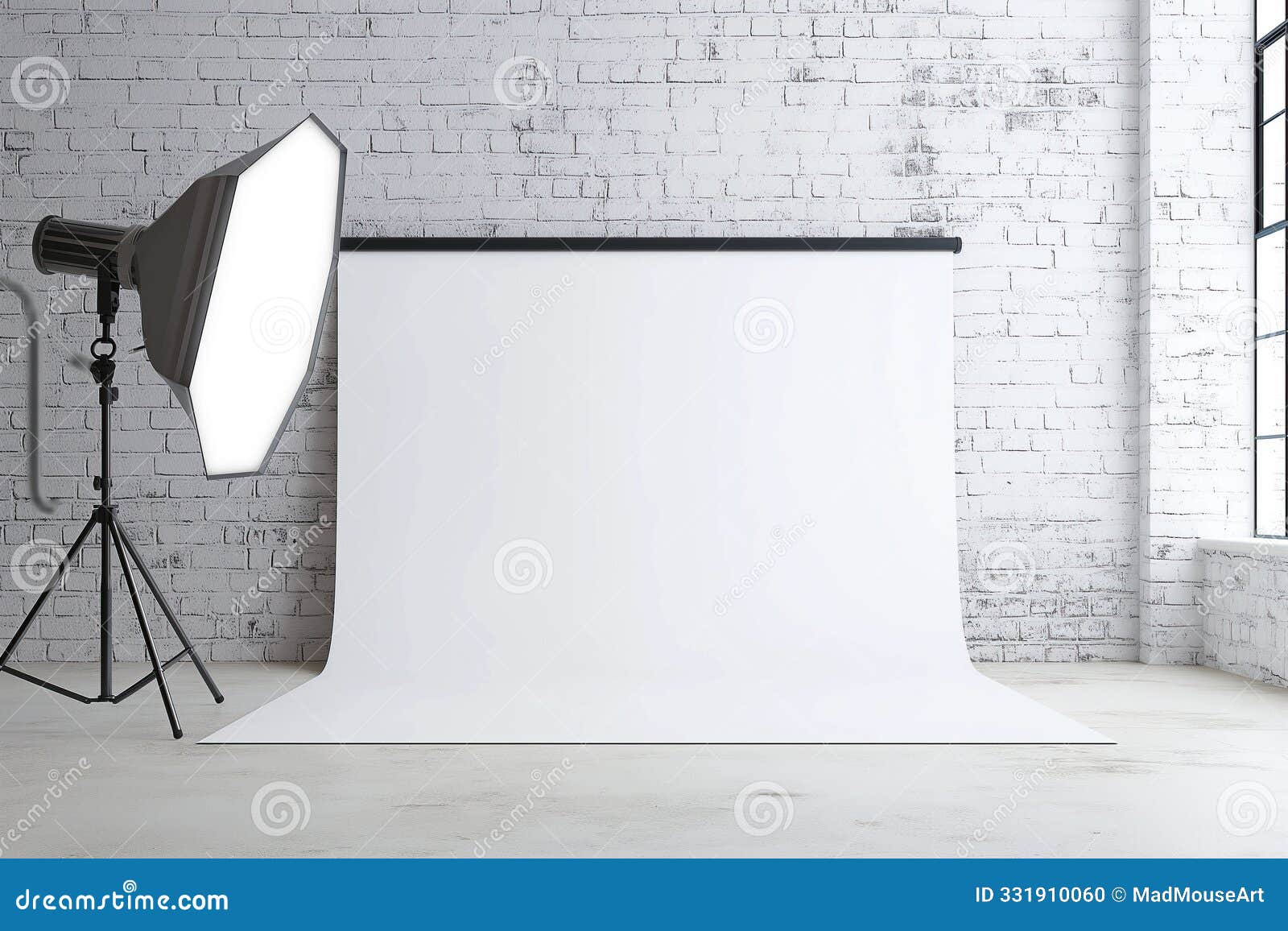 Empty Photo Studio with White Brick Wall and Lighting Equipment. Mock ...