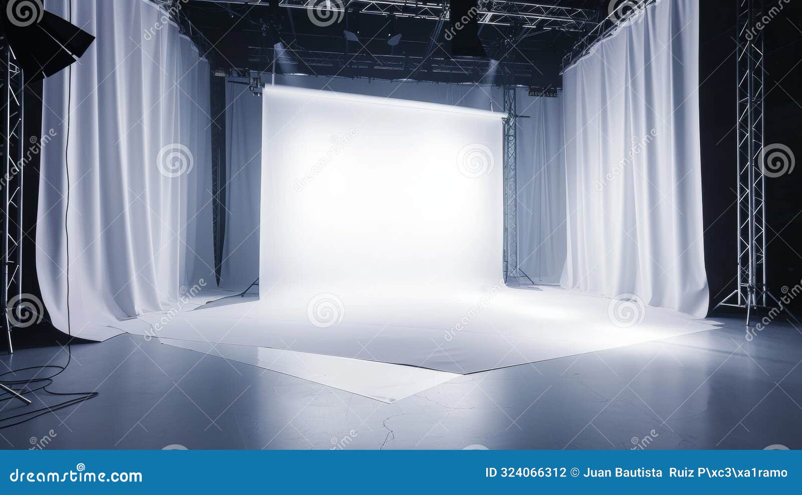 Empty Photography Studio with White Backdrop and Lighting Stock Photo ...