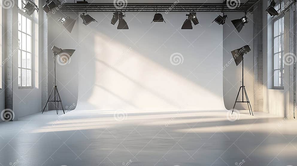 Empty Photography Studio with White Backdrop, Lights, and Large Windows ...