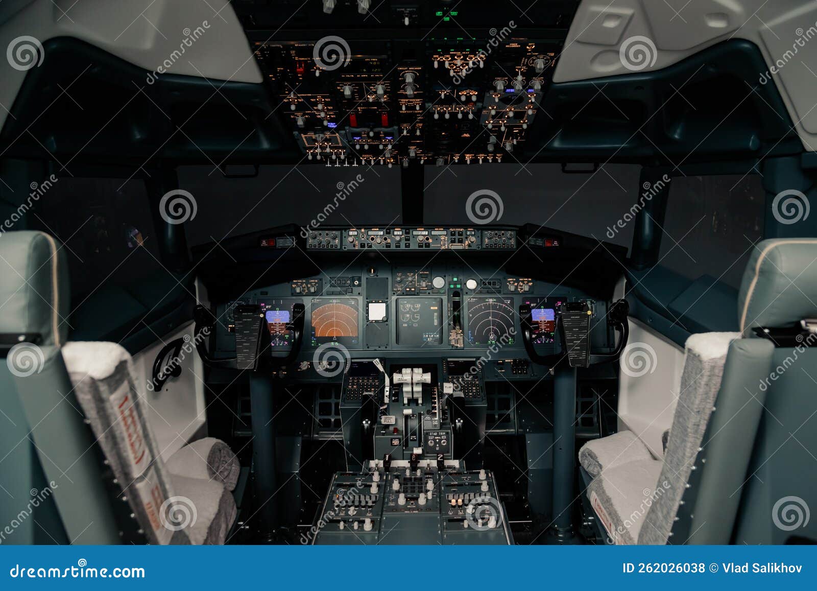 Empty Pilot Cockpit with Switched on Flight Deck Dashboard in Night ...