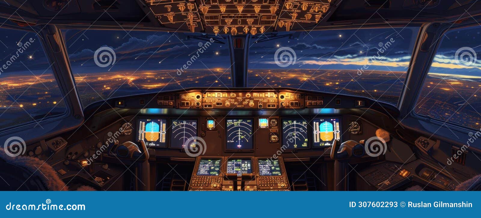 Empty Pilot Cockpit with Switched on Flight Deck Dashboard in Night ...
