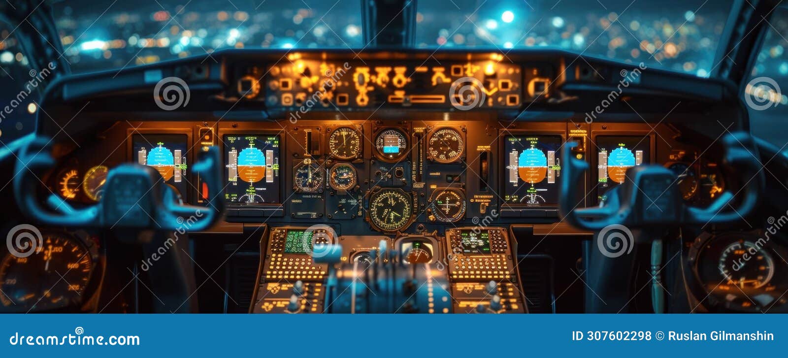 Empty Pilot Cockpit with Switched on Flight Deck Dashboard in Night ...