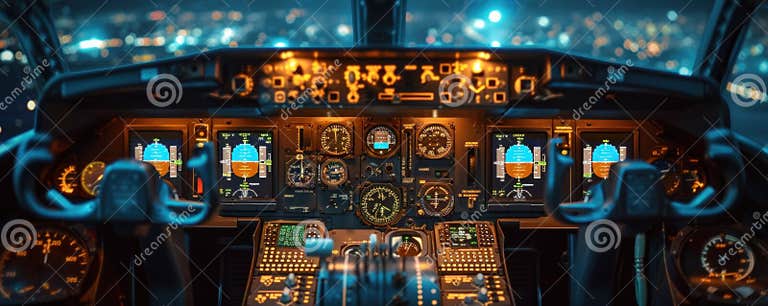 Empty Pilot Cockpit with Switched on Flight Deck Dashboard in Night ...