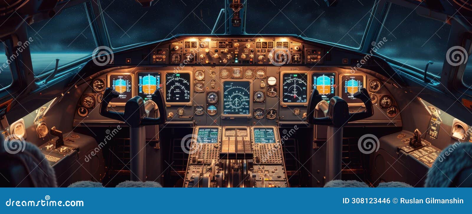 Empty Pilot Cockpit with Switched on Flight Deck Dashboard in Night ...
