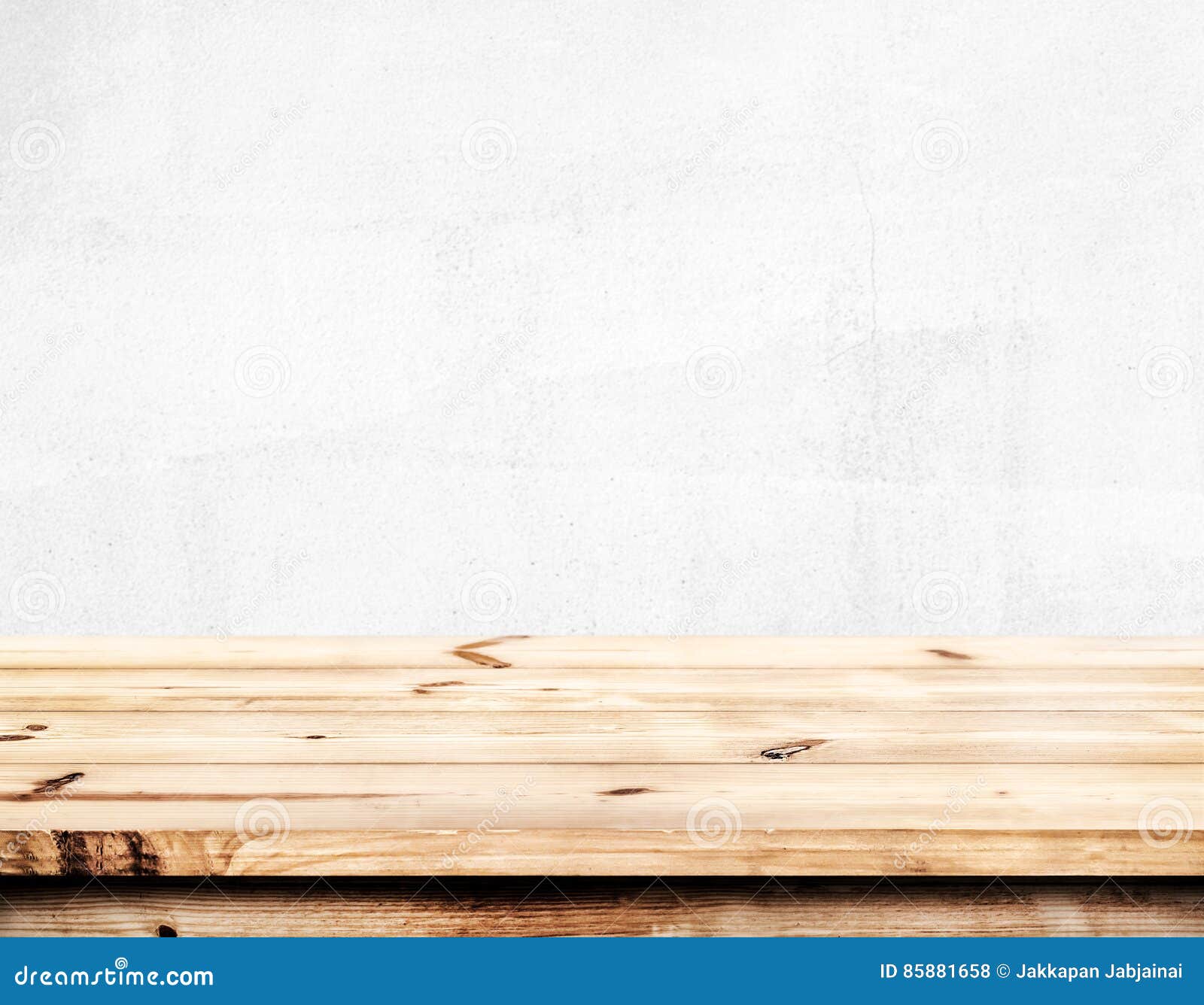 Empty Pine Wood Table with White Wall Background. Stock Photo - Image ...