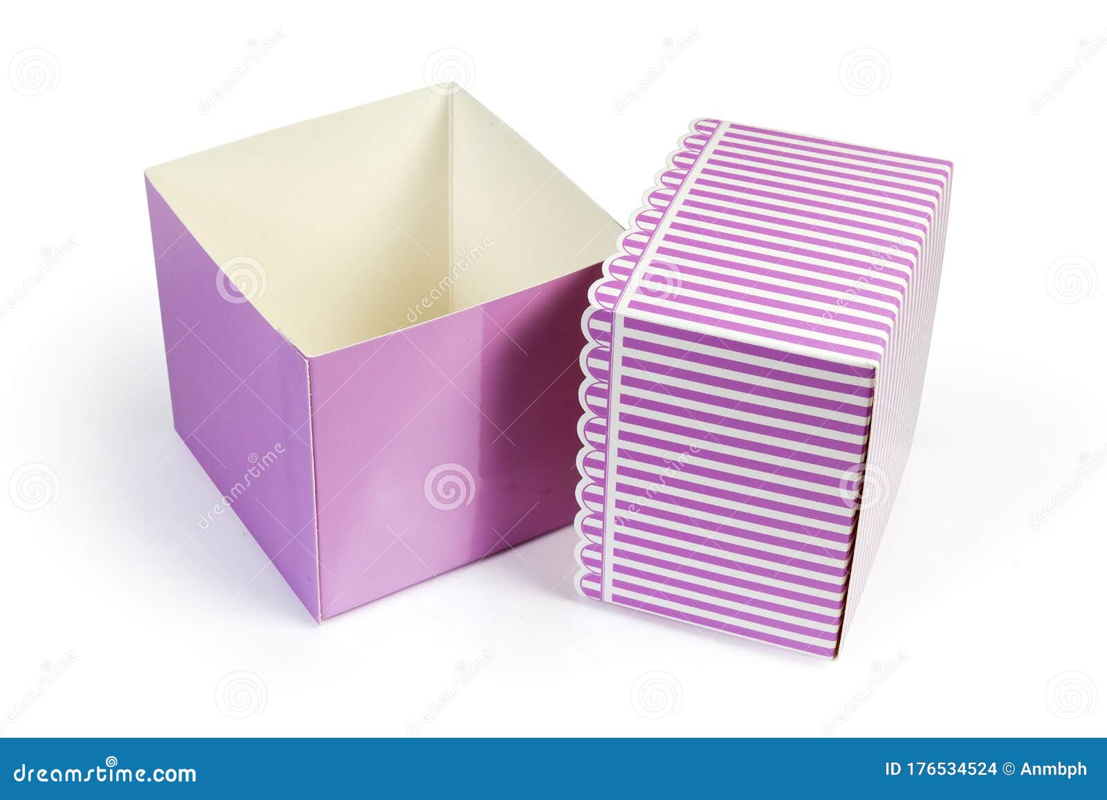 Empty Pink Rectangular Cardboard Gift Box and Removed Striped Lid Stock ...