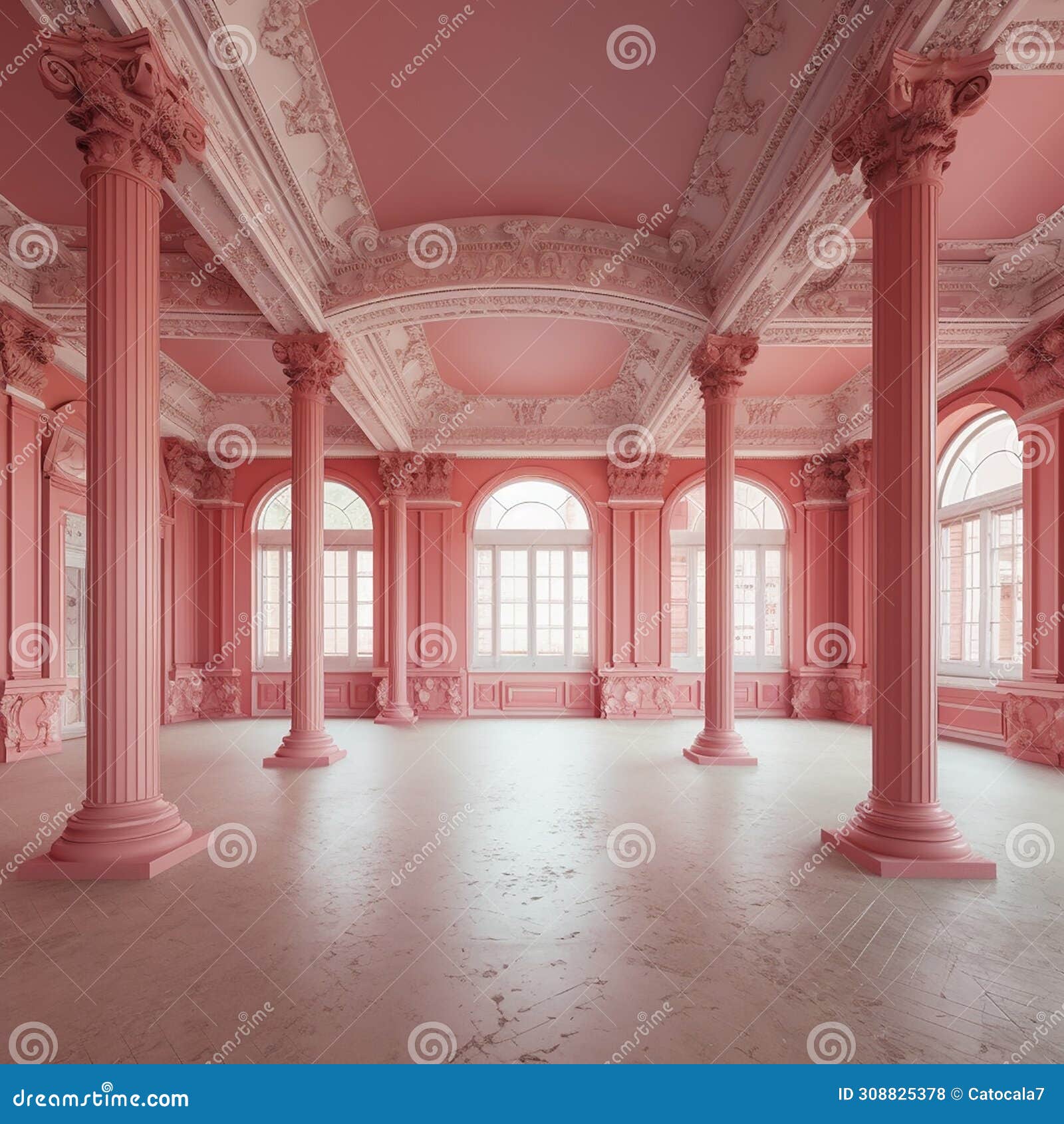 Empty Pink Room Hall with Columns and Stucco on the Ceiling, Baroque ...