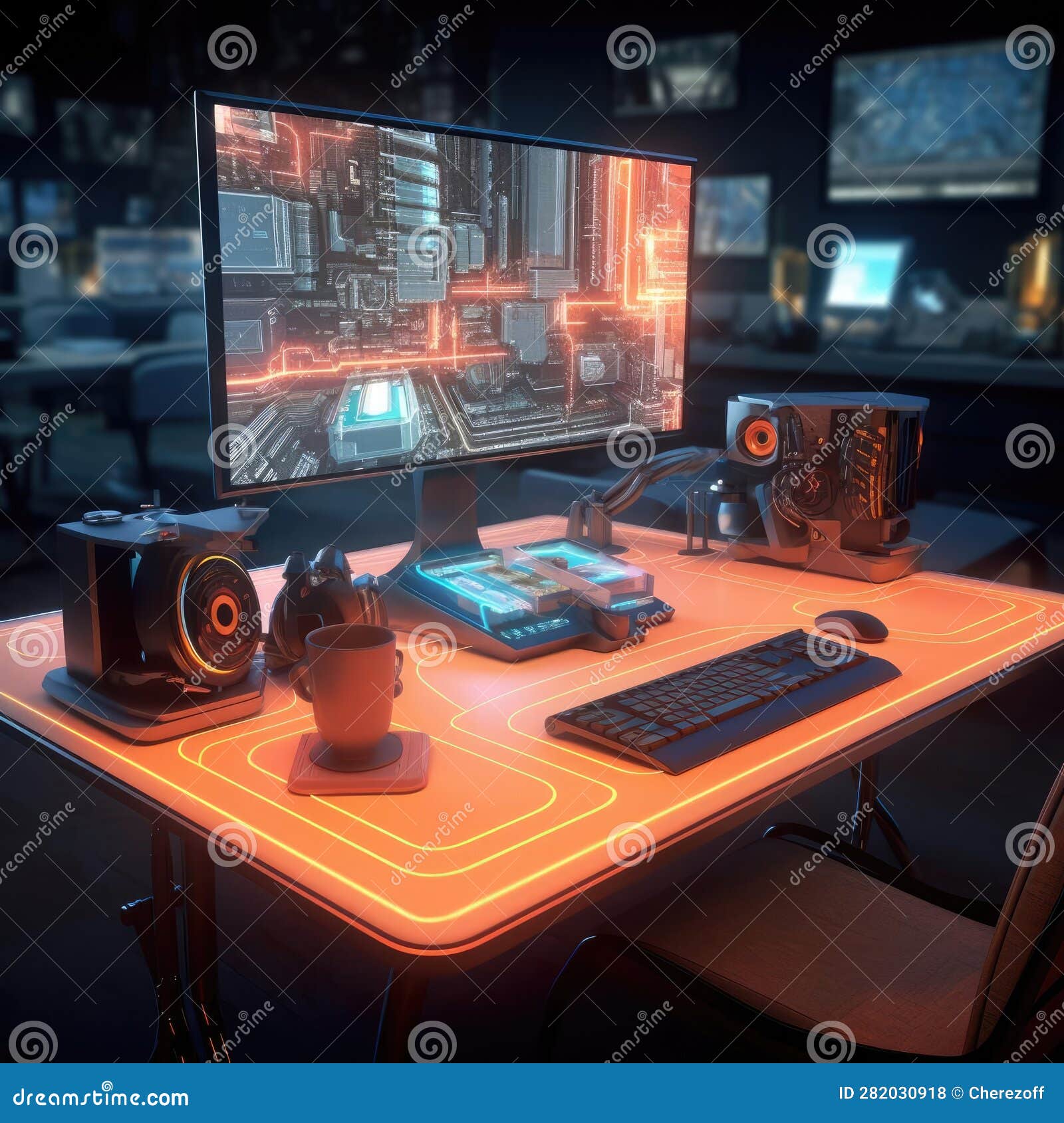 The Computer Desk of the Programmer of the Future Stock Illustration ...