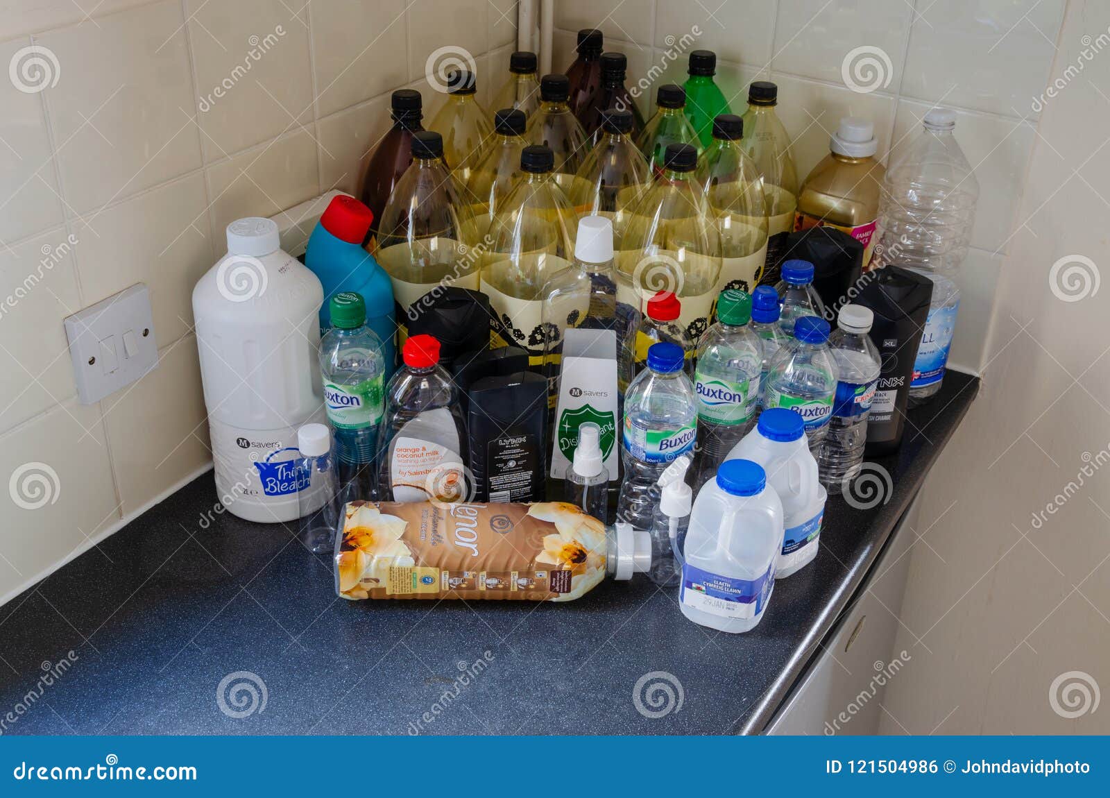 Empty Plastic Bottles on a Kitchen Worktop. Editorial Photo - Image of ...