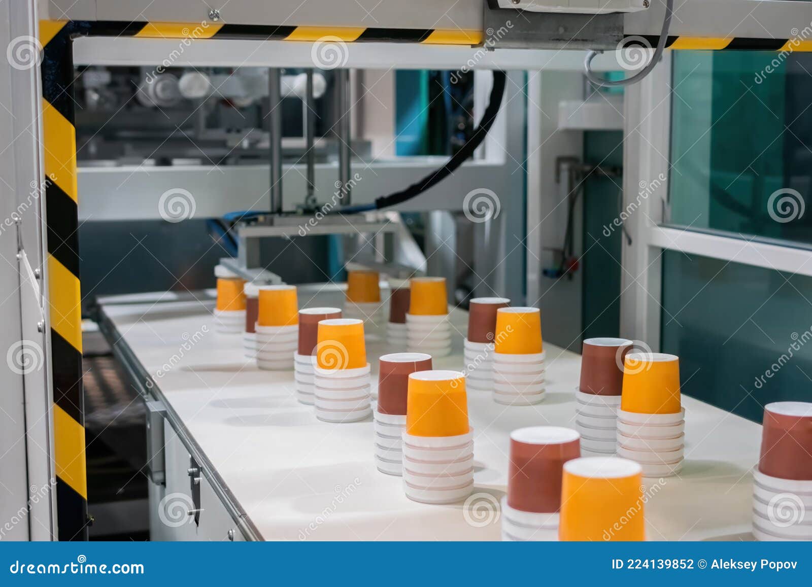 Cups On Conveyor Belt Of Plastic Injection Molding Machine With Robotic ...