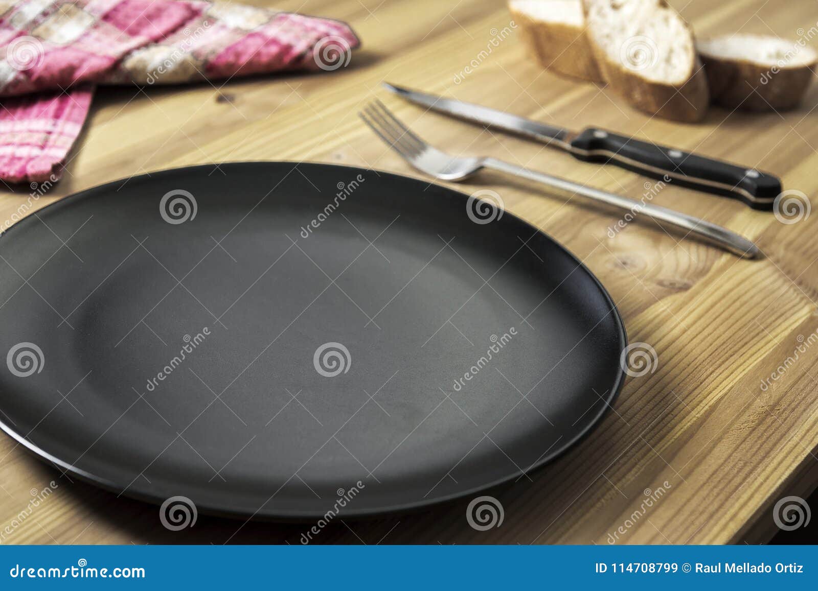 Empty Plate, Kitchen Rag, Bread and Cutlery Stock Image - Image of ...