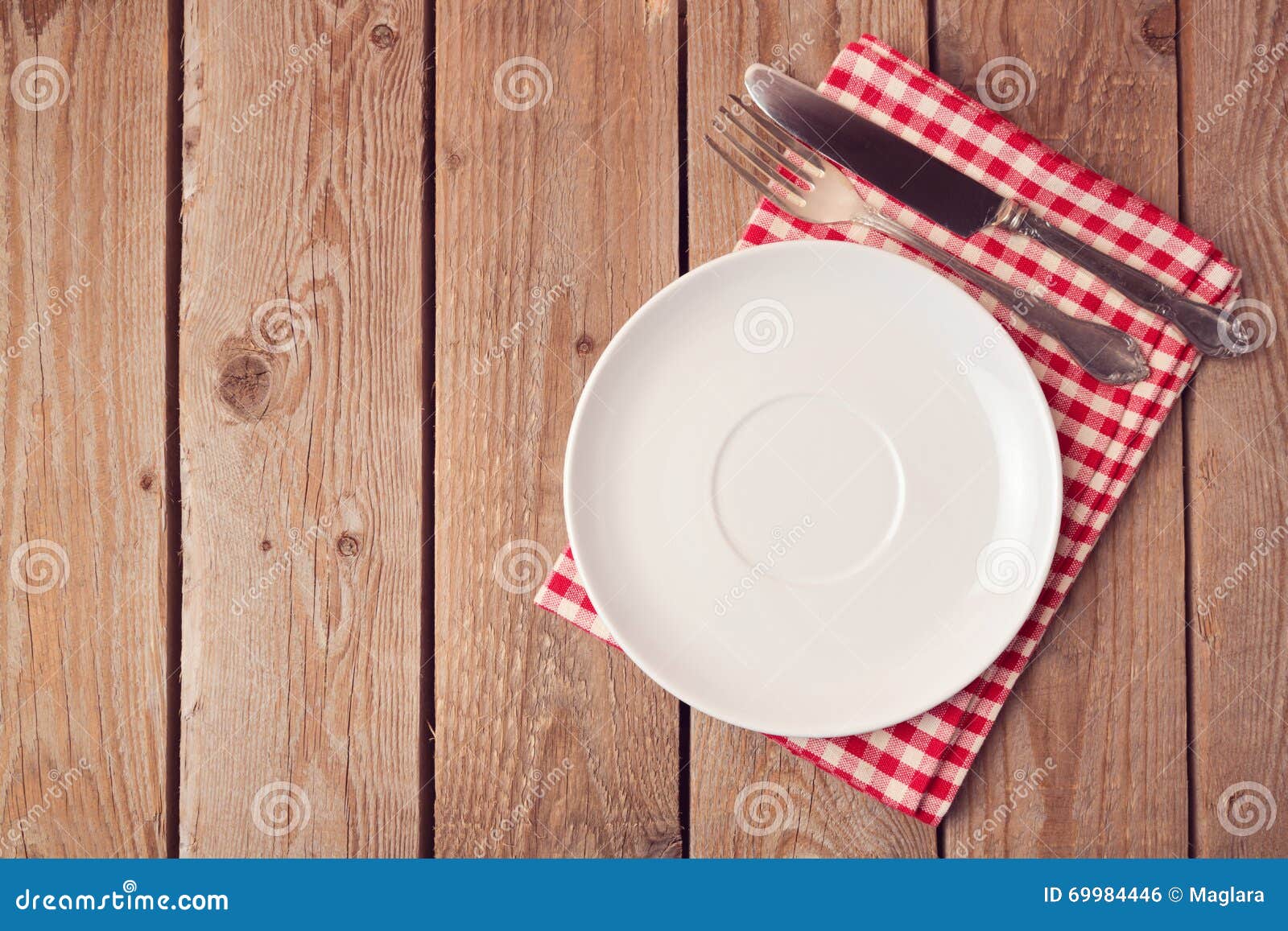 Empty Plate with Knife and Fork on Wooden Rustic Table. View from Above ...