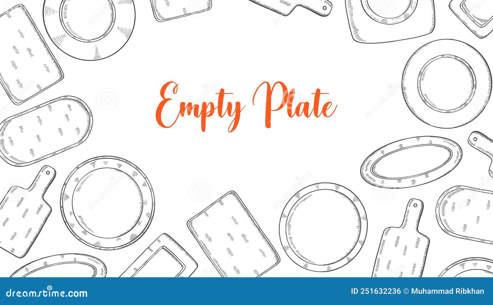 Empty Plate Set Collection with Hand Drawn Sketch for Background Banner ...