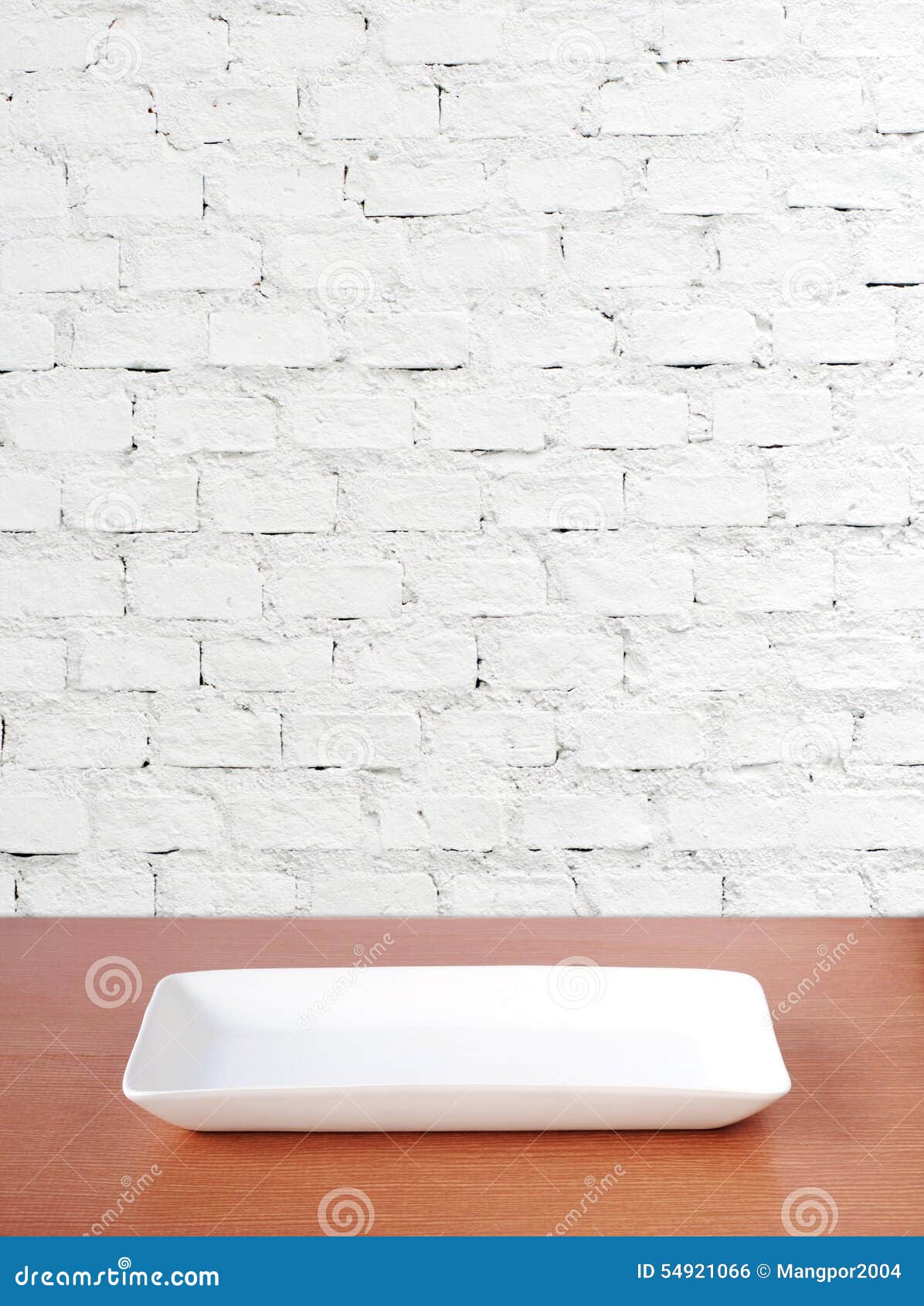Empty Plate on Wood Table Over White Brick Wall Background, Food Stock ...