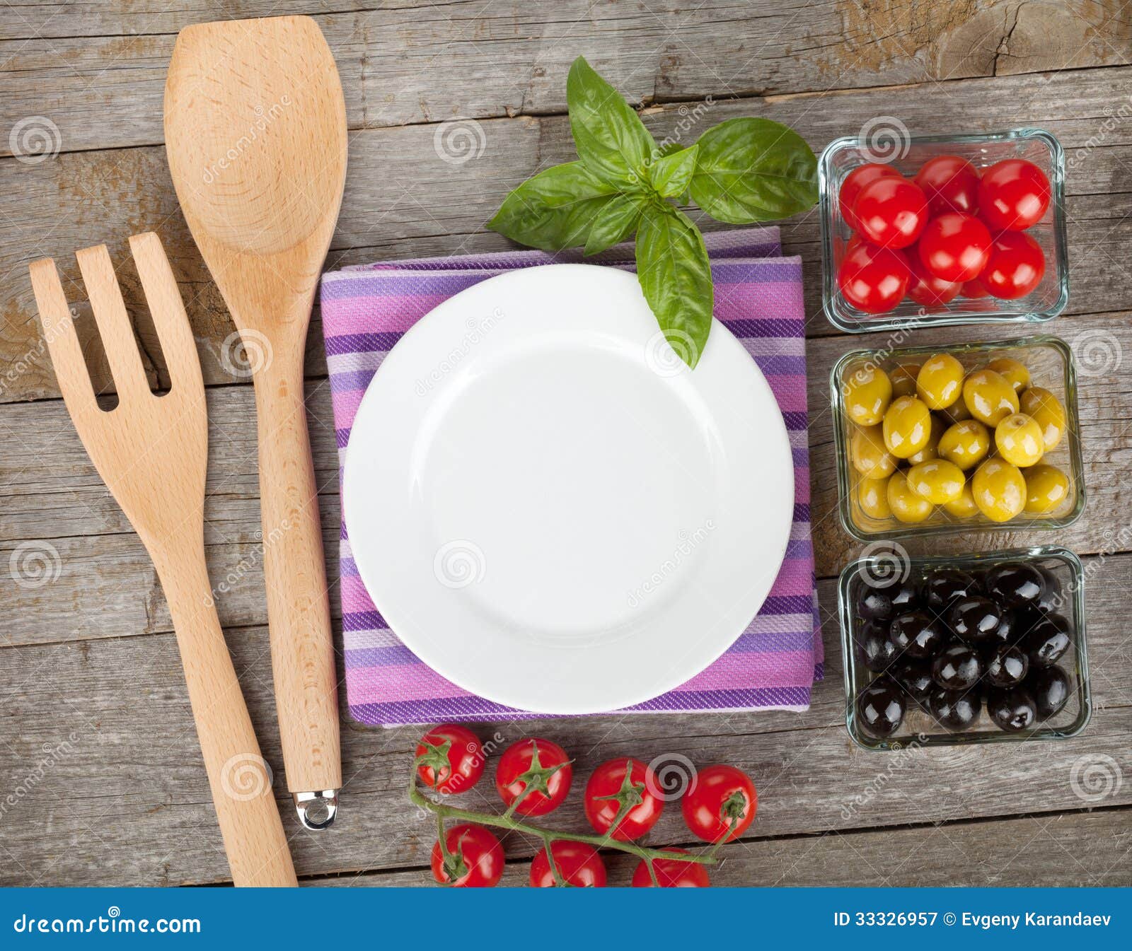 Empty Plate on Wooden with Fruits and Utensils Stock Image - Image of ...