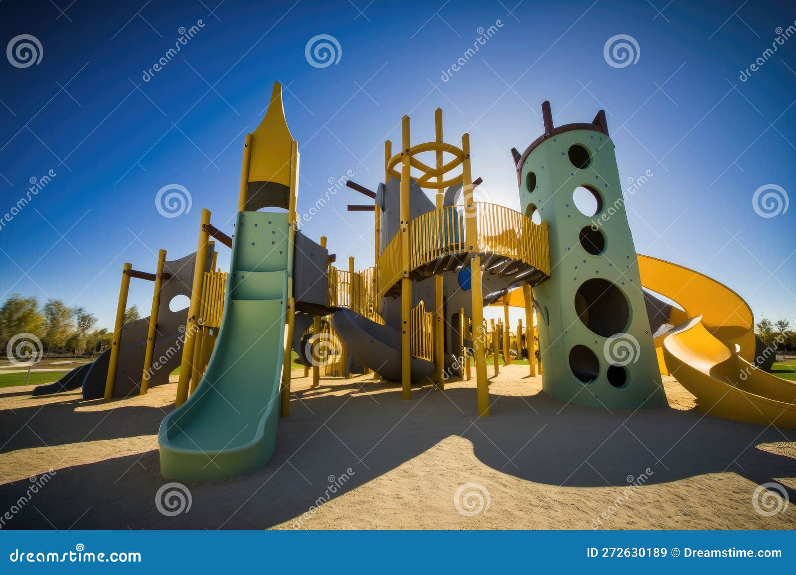 Empty Playground with Adventurous Climbing Structures, Slides and ...