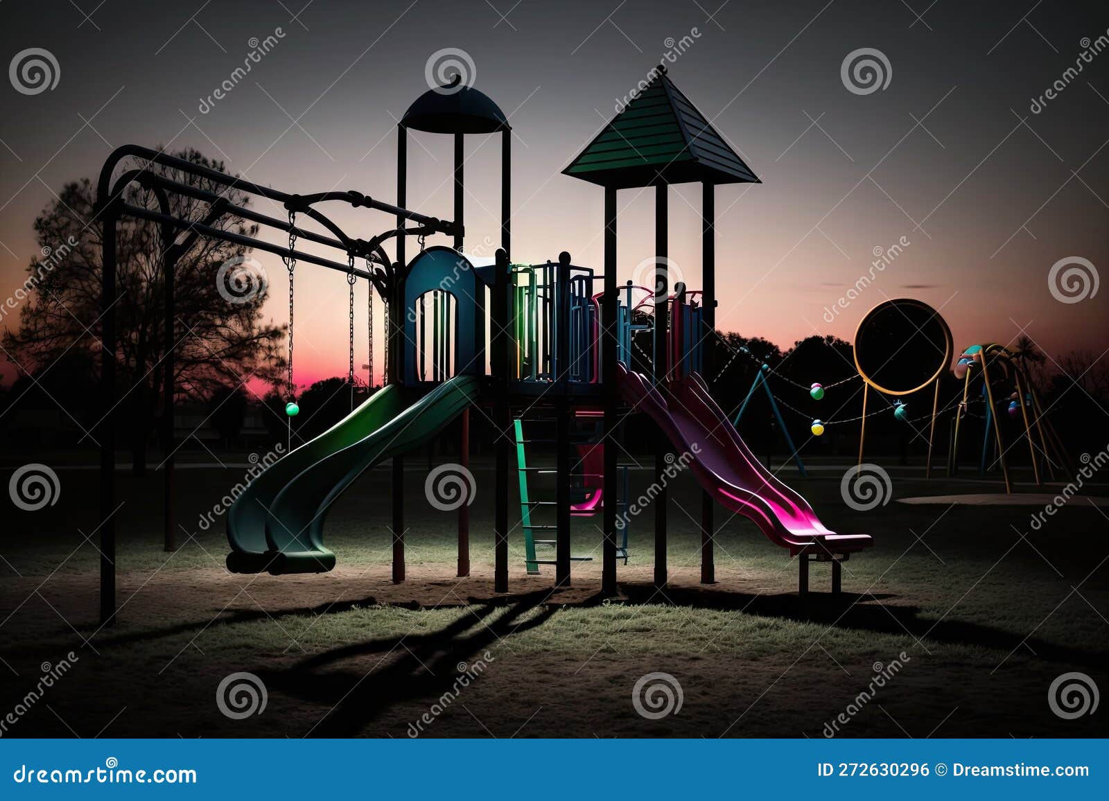 Empty Playground at Dusk, with Colored Lights and Shadows on the ...