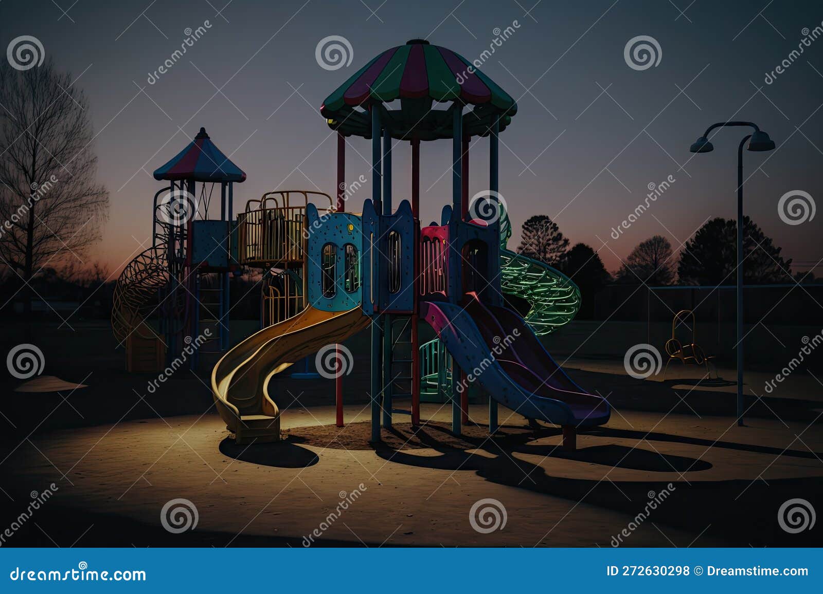 Empty Playground at Dusk, with Colored Lights and Shadows on the ...