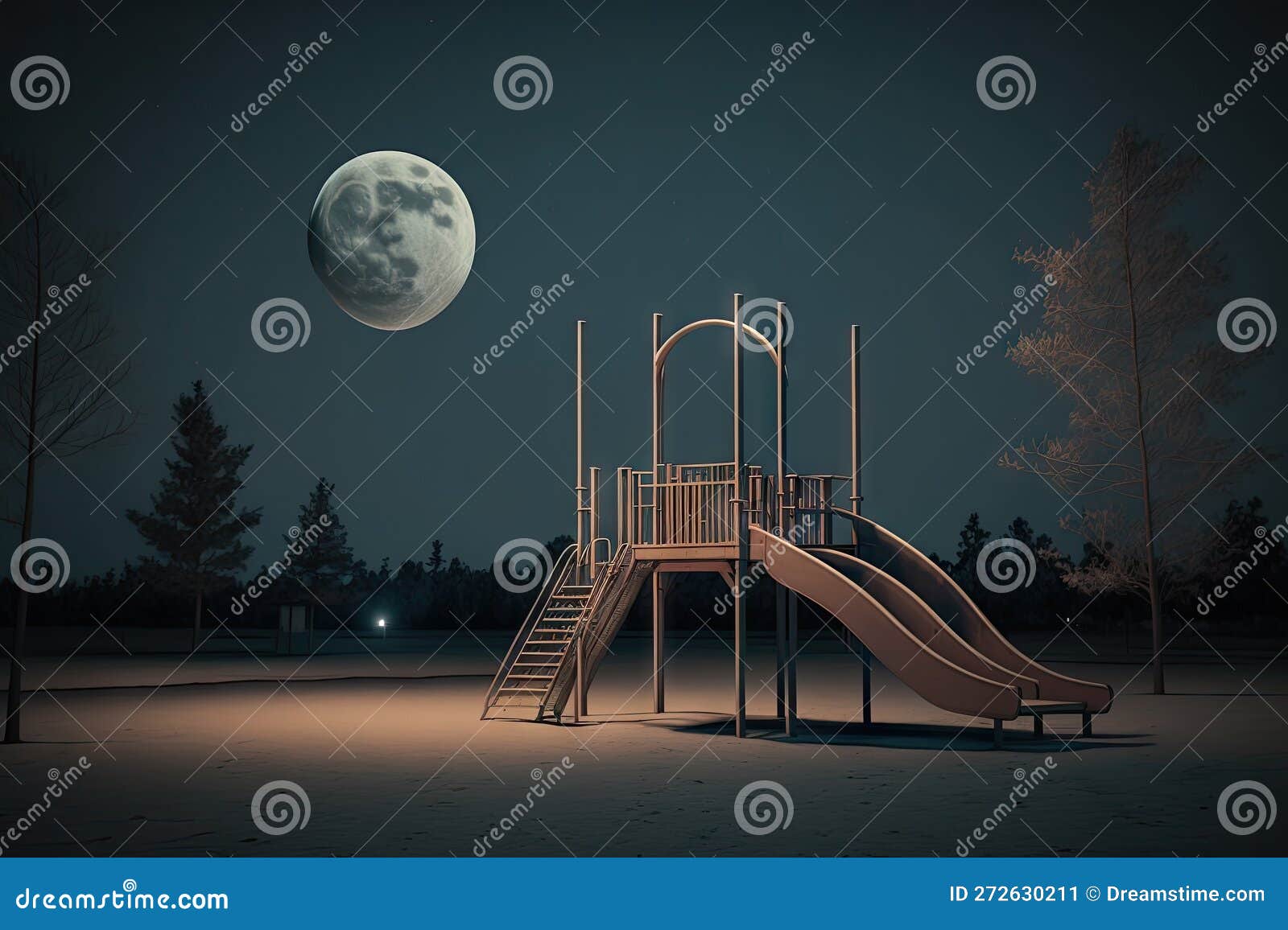 Empty Playground during the Night with a Full Moon in the Sky Stock ...