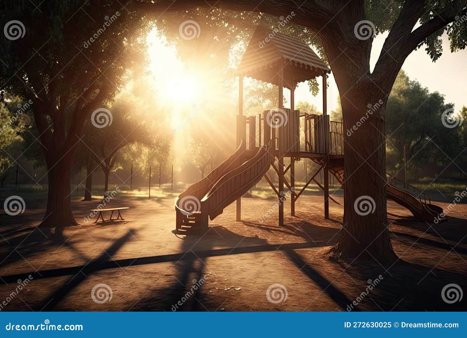 Empty Playground at Sunrise, with Rays of Sunlight Shining through the ...