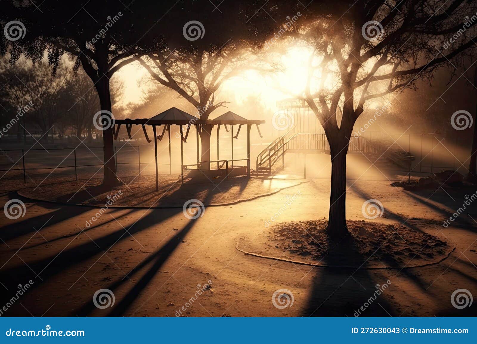 Empty Playground at Sunrise, with Rays of Sunlight Shining through the ...