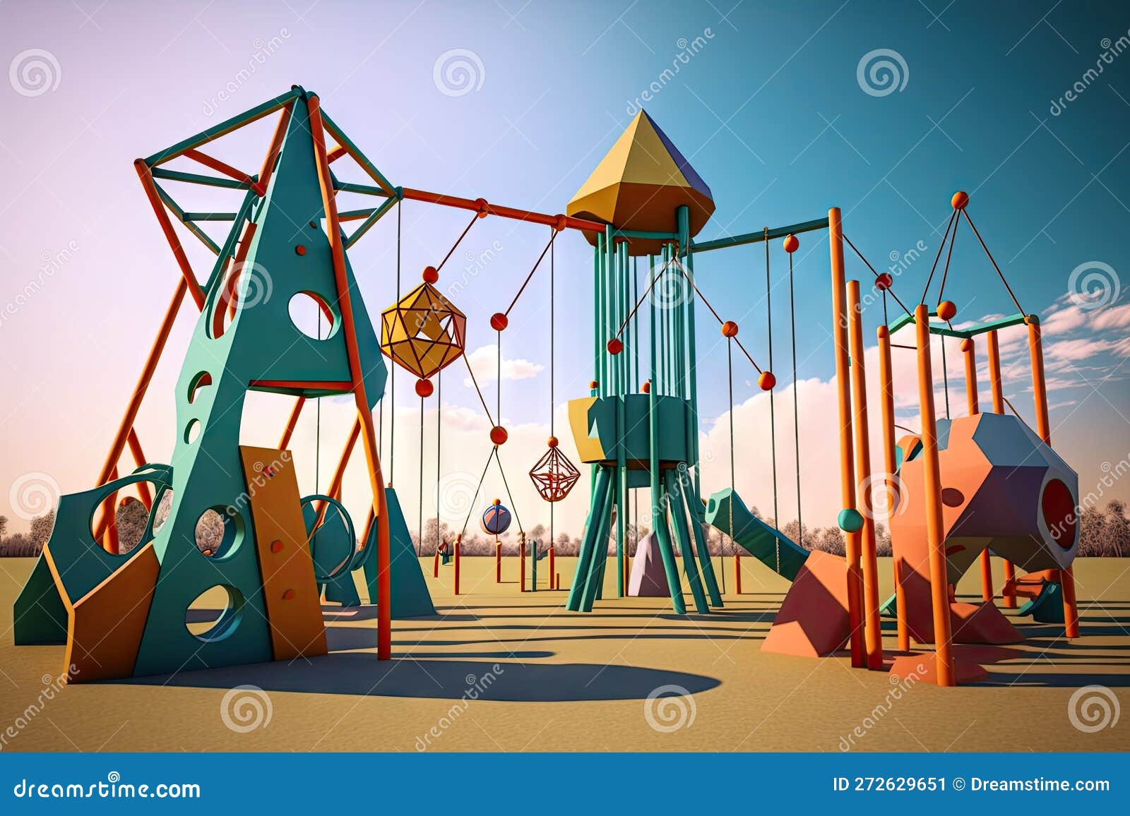 Empty Playground with Towering Climbing Structures and Swings, Ready ...