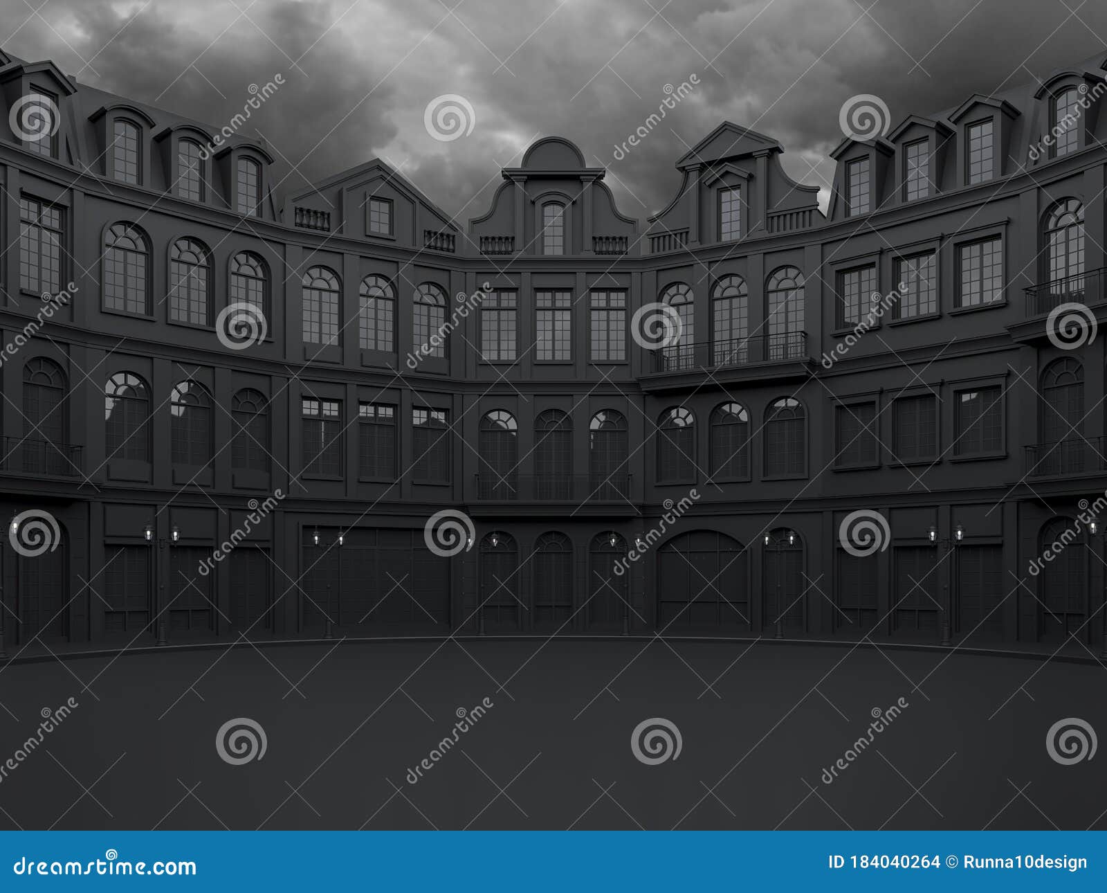 Empty Plaza Surrounded With Black Classical Style Building With Rain ...