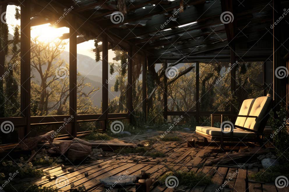 An Empty Porch with a Bench and a Tree in the Background Stock ...