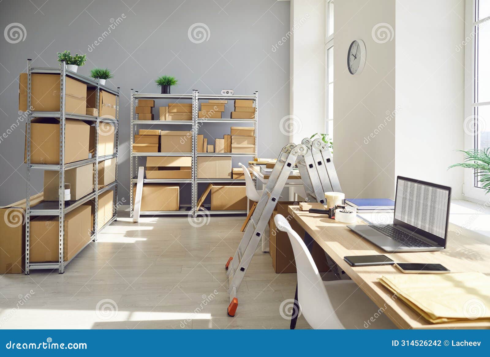 Empty Postal Office Warehouse with Shelves Filled with Boxes and ...